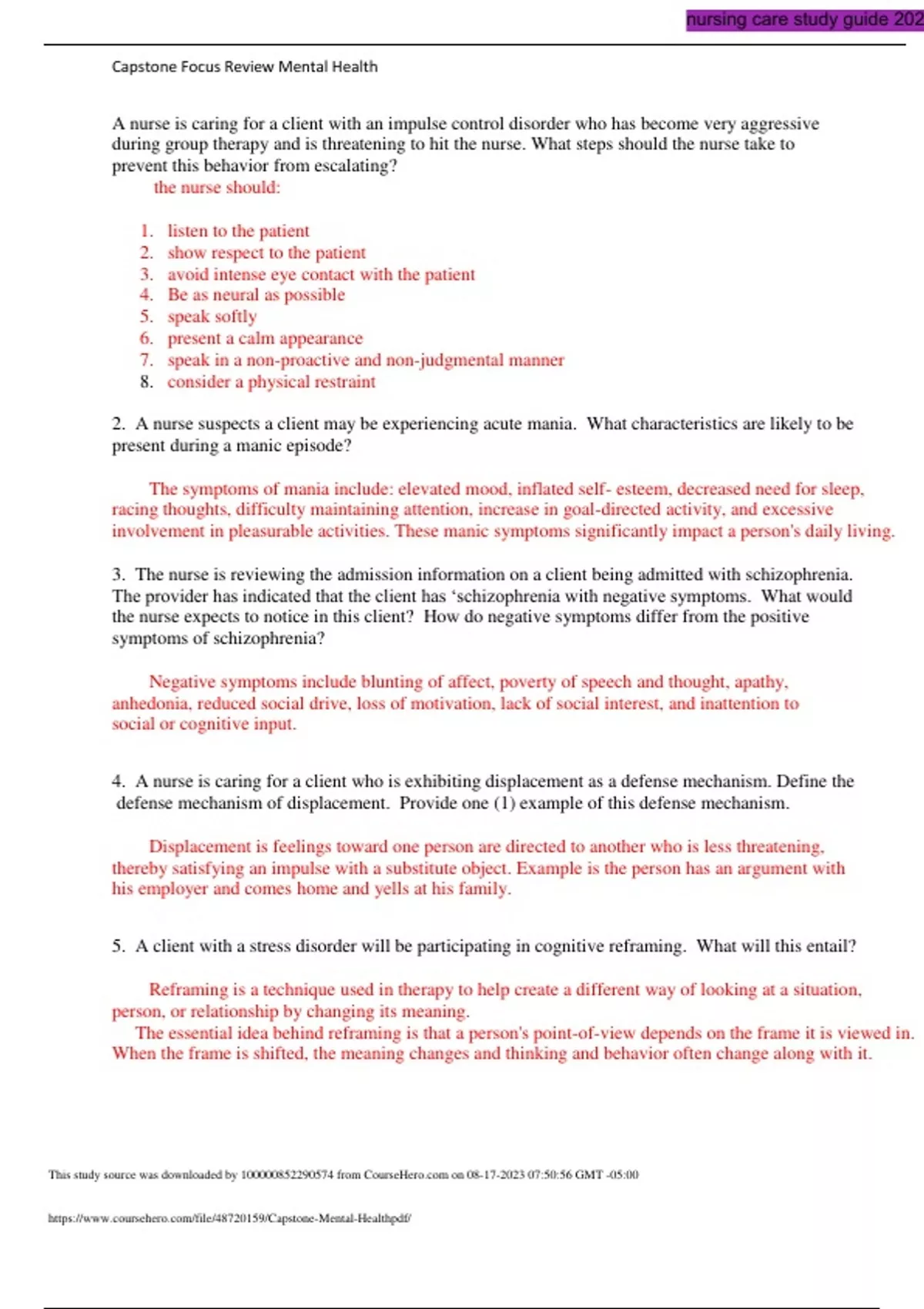 Capstone Focus Review Mental Health - NURSING 112 - Stuvia US