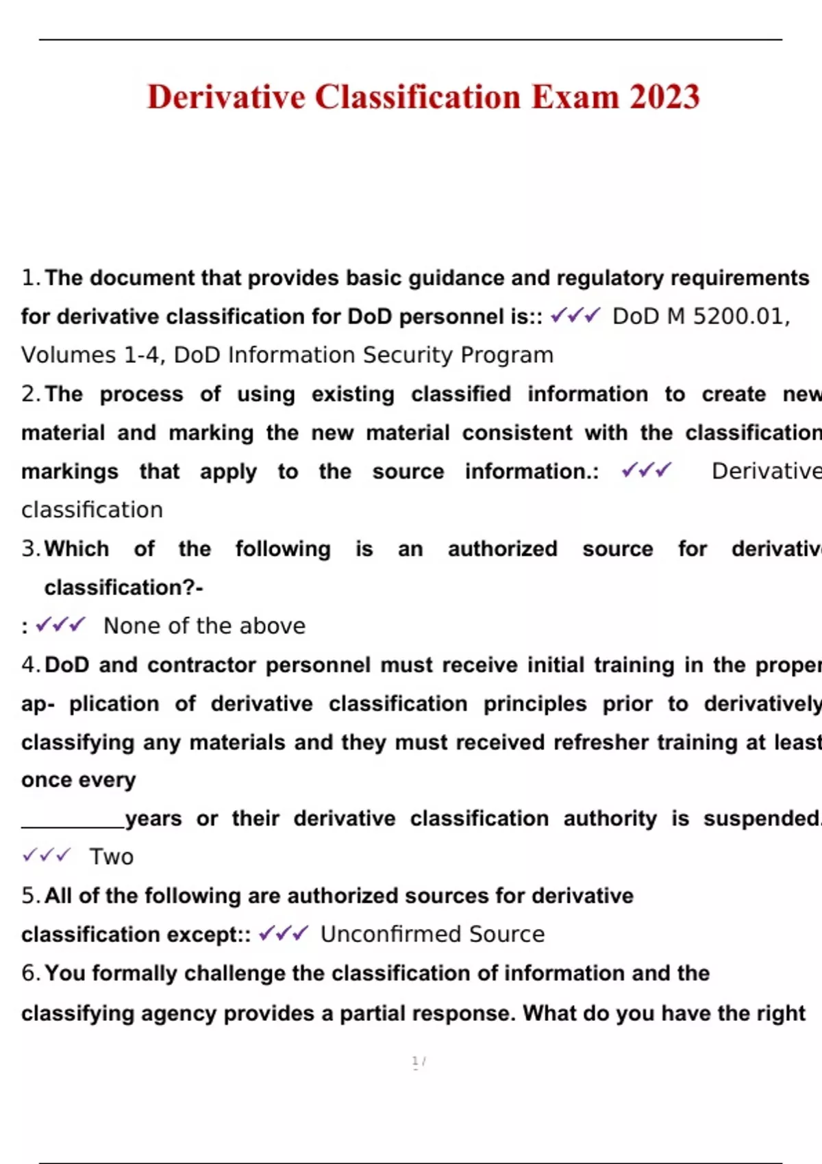 Derivative Classification Exam Questions And Answers 2022 2023 Verified Answers Derivative