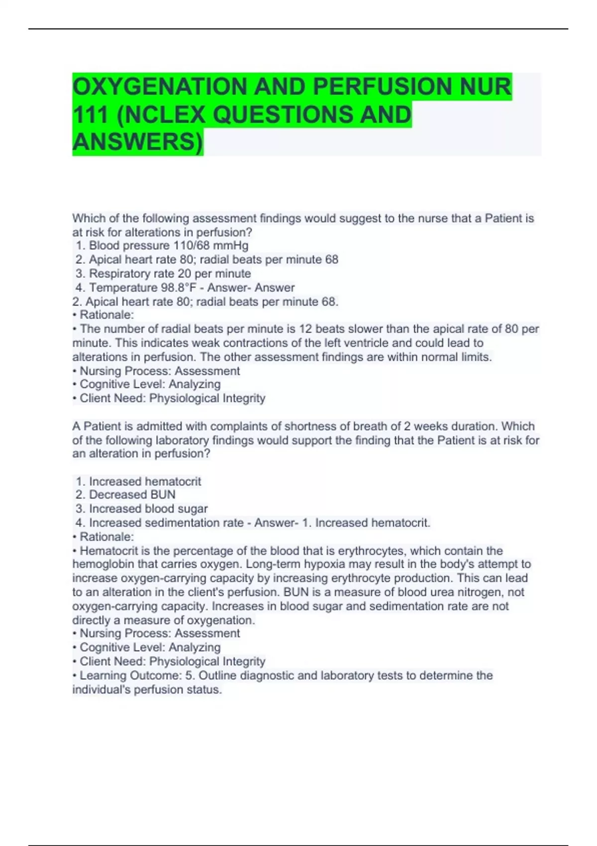 OXYGENATION AND PERFUSION NUR 111 (NCLEX QUESTIONS AND ANSWERS ...