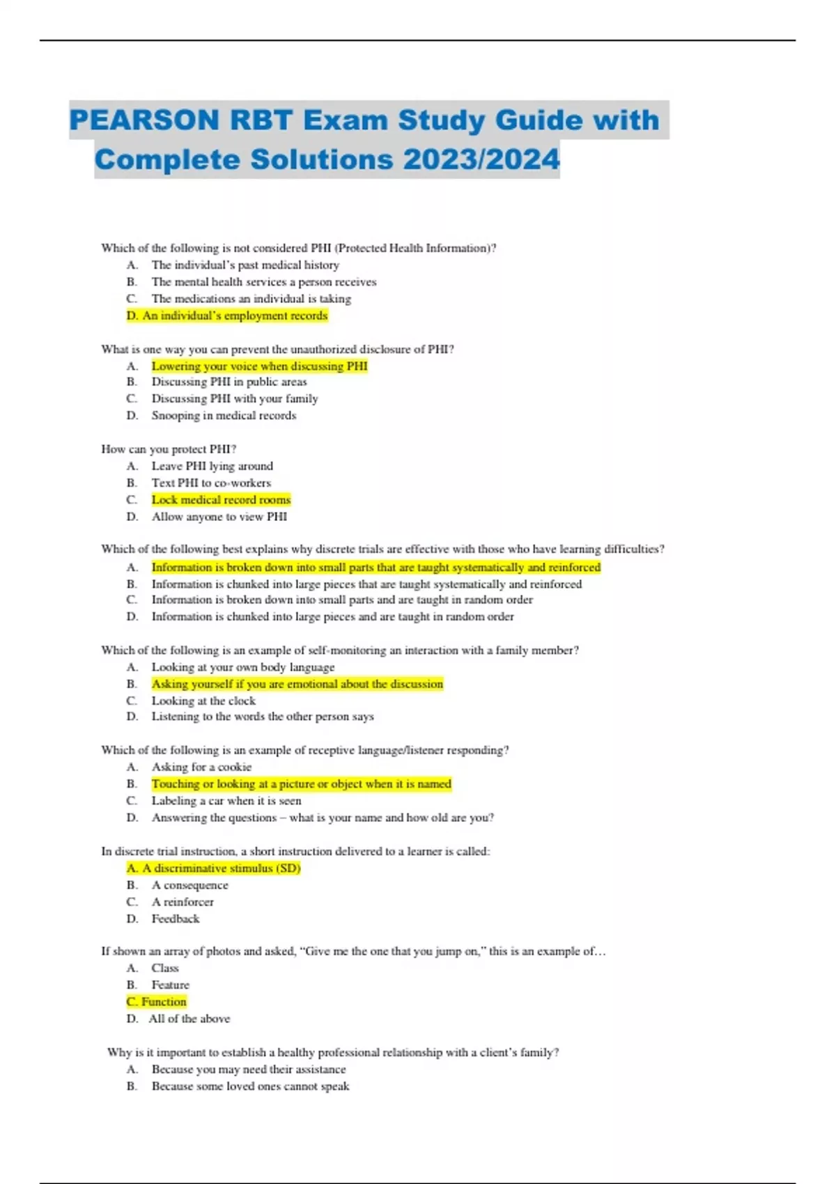 PEARSON RBT Exam Study Guide with Complete Solutions 2023/2024 ...