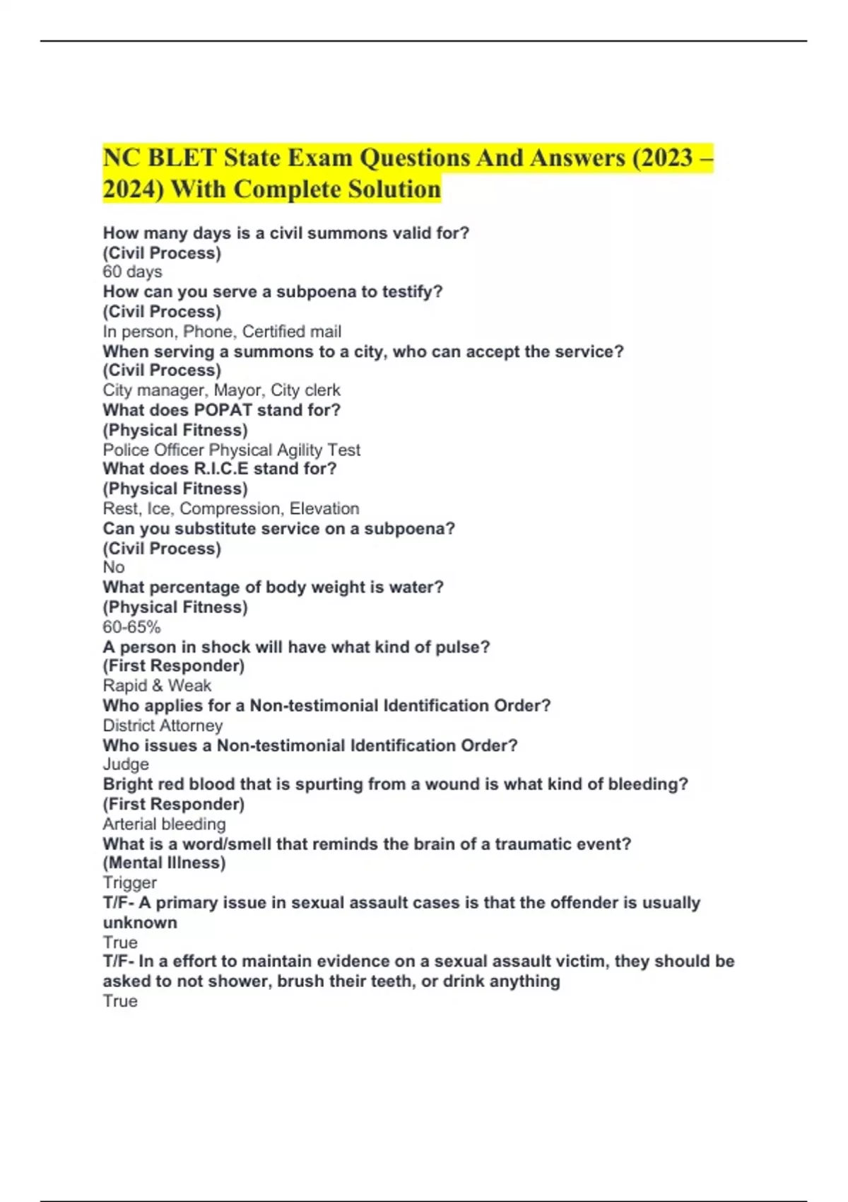 NC BLET State Exam Questions And Answers (2023 – 2024) With Complete ...