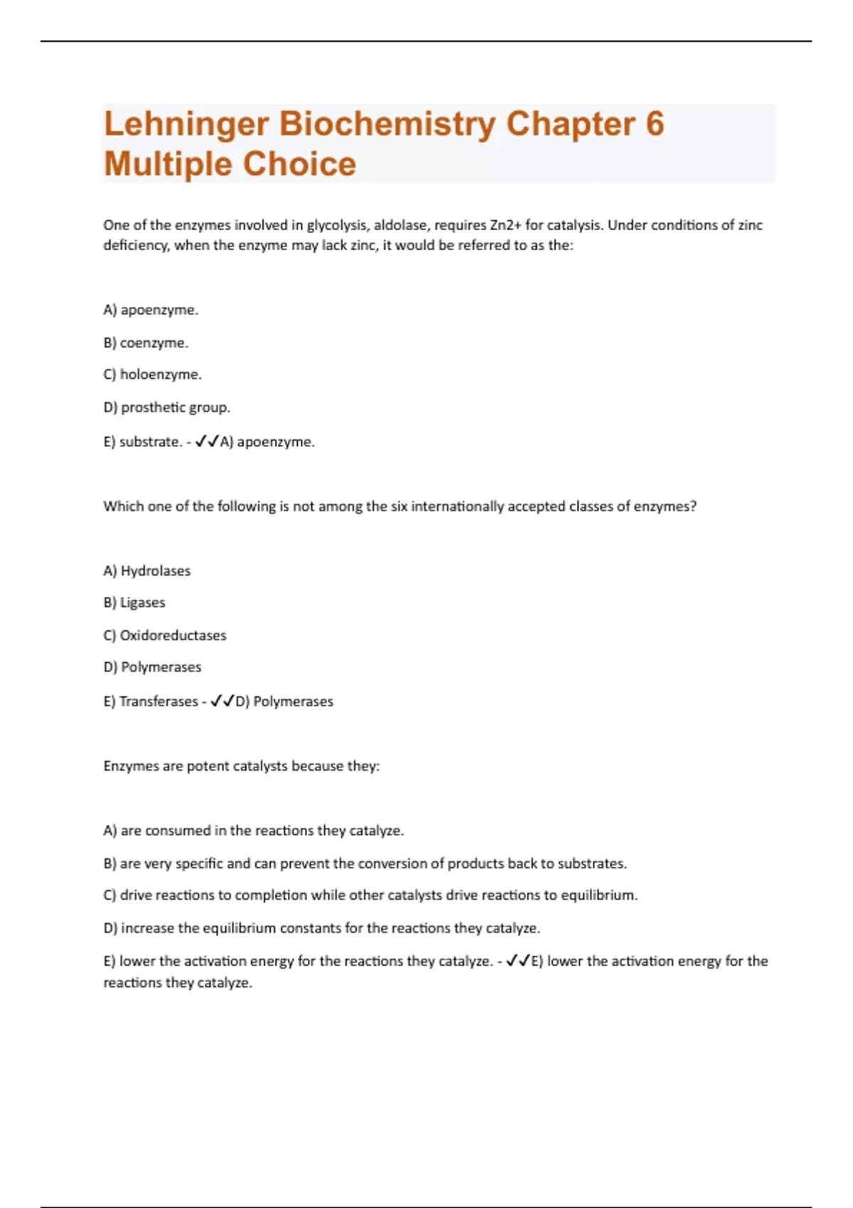 Lehninger Biochemistry Chapter 6 Multiple Choice 42 Questions And ...
