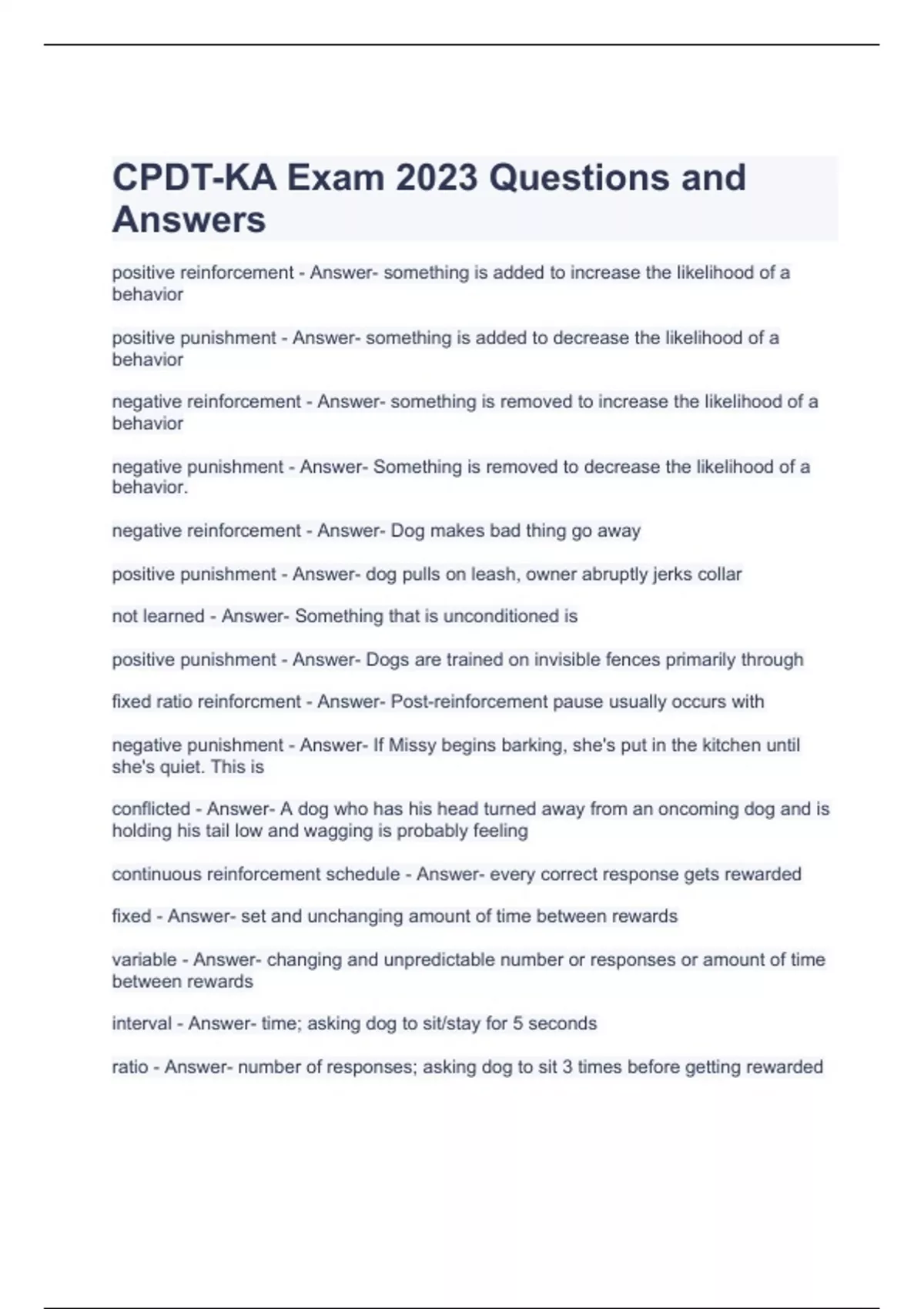 CPDT-KA Exam 2023 Questions and Answers - CPDT-KA - Stuvia US