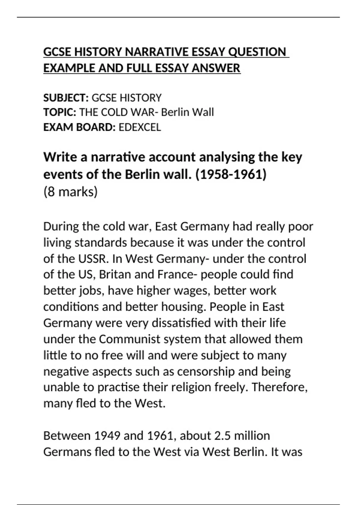 GCSE history COLD WAR EDEXCEL: berlin wall FULL narrative essay ...