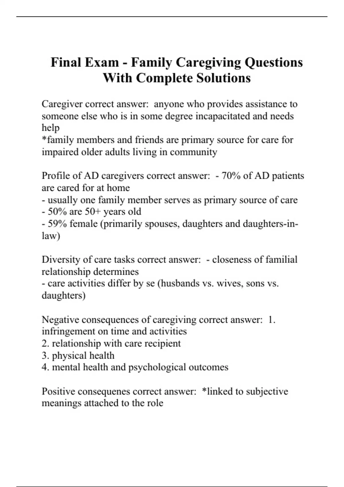 Final Exam Family Caregiving Questions With Complete Solutions
