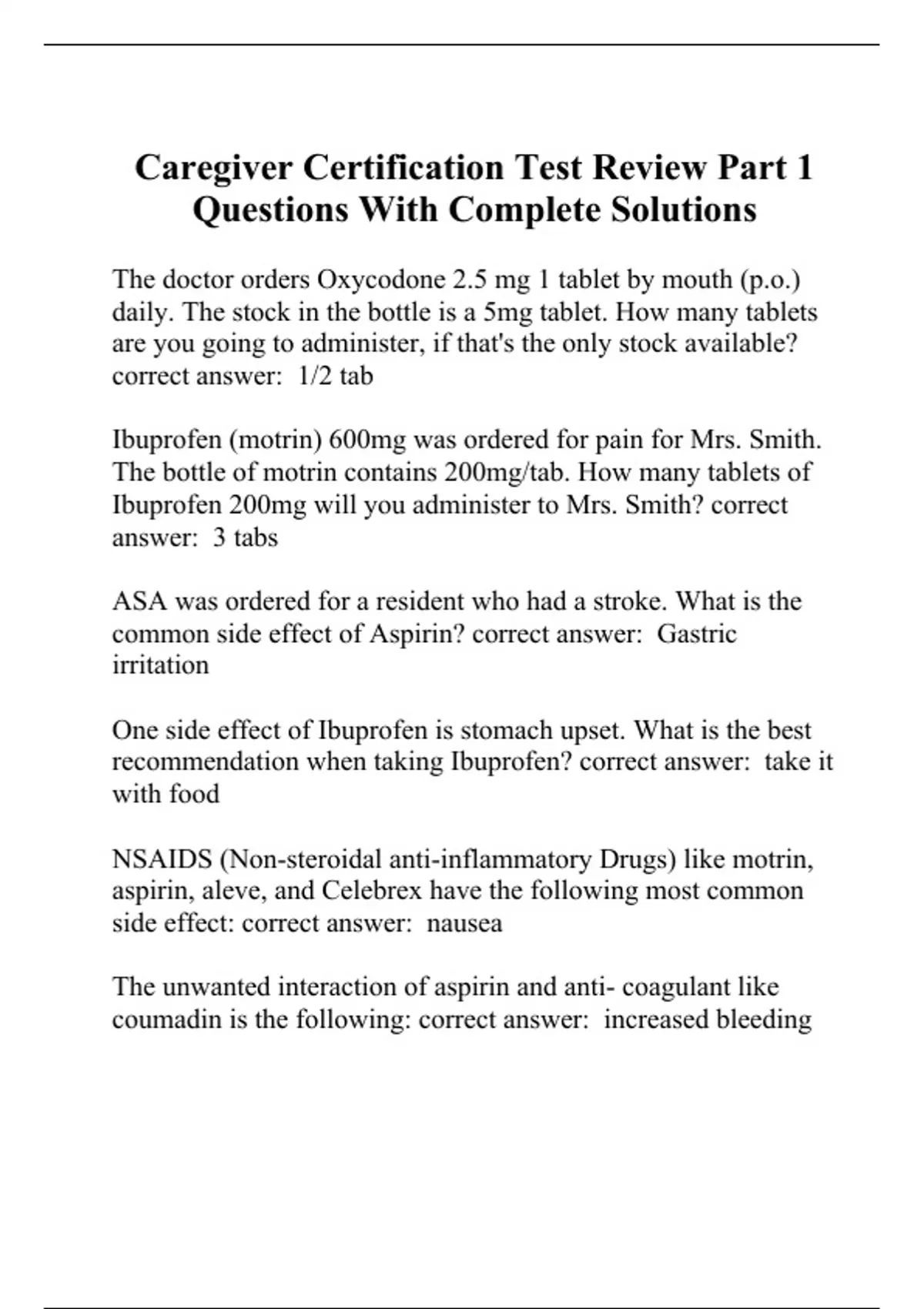 Caregiver Certification Test Review Part 1 Questions With Complete ...