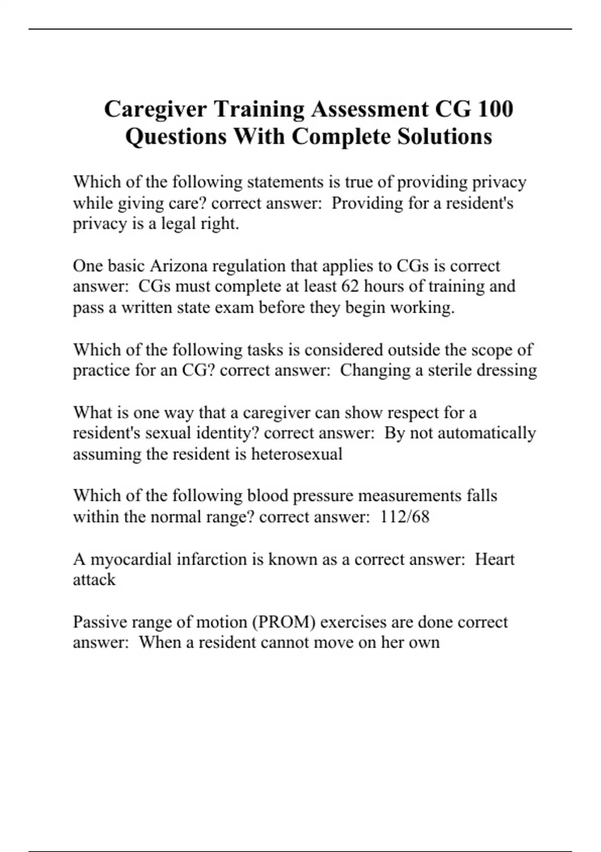 Caregiver Training Assessment CG 100 Questions With Complete Solutions ...