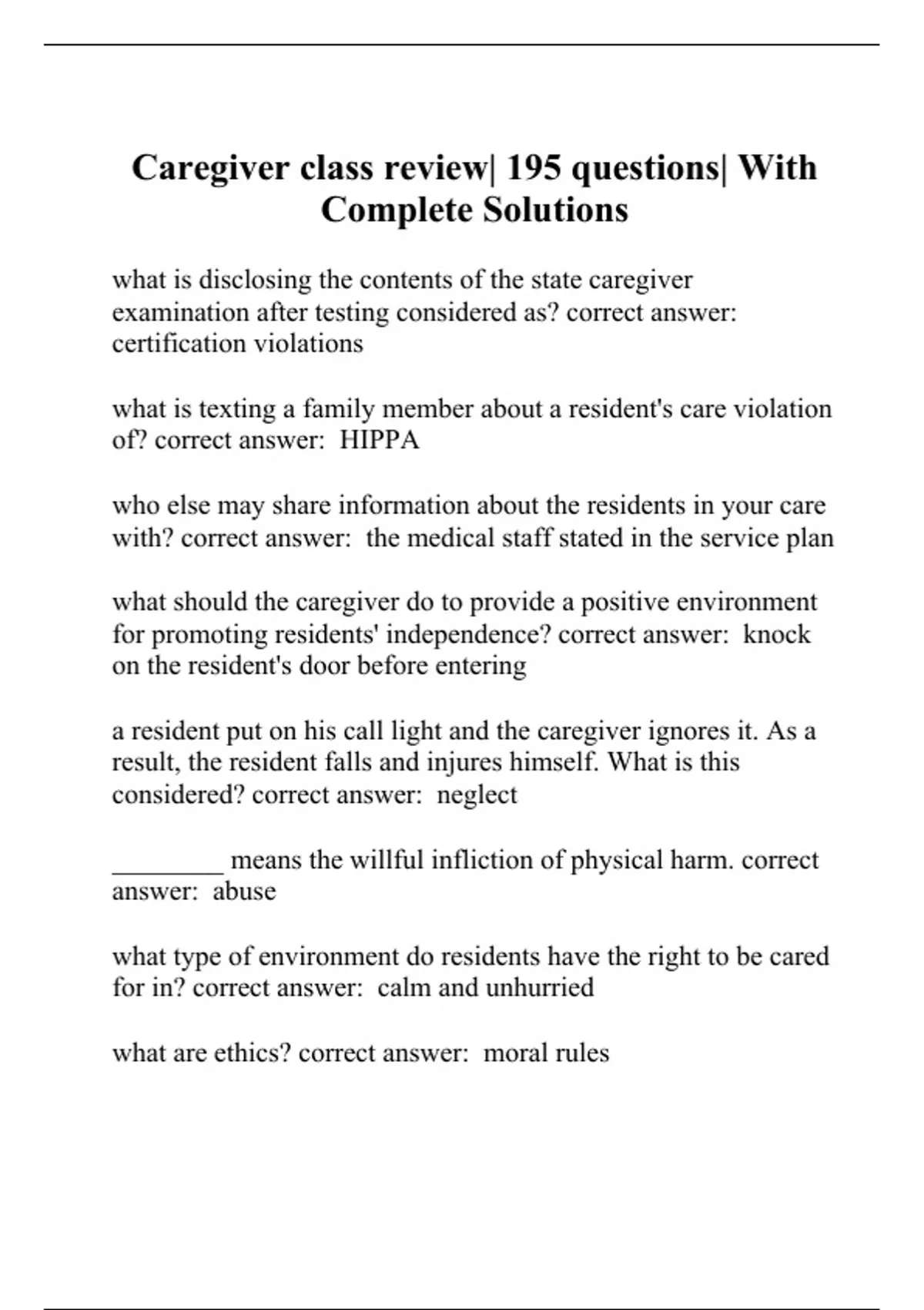 Caregiver Class Review 195 Questions With Complete Solutions Caregiver Certification Stuvia Us