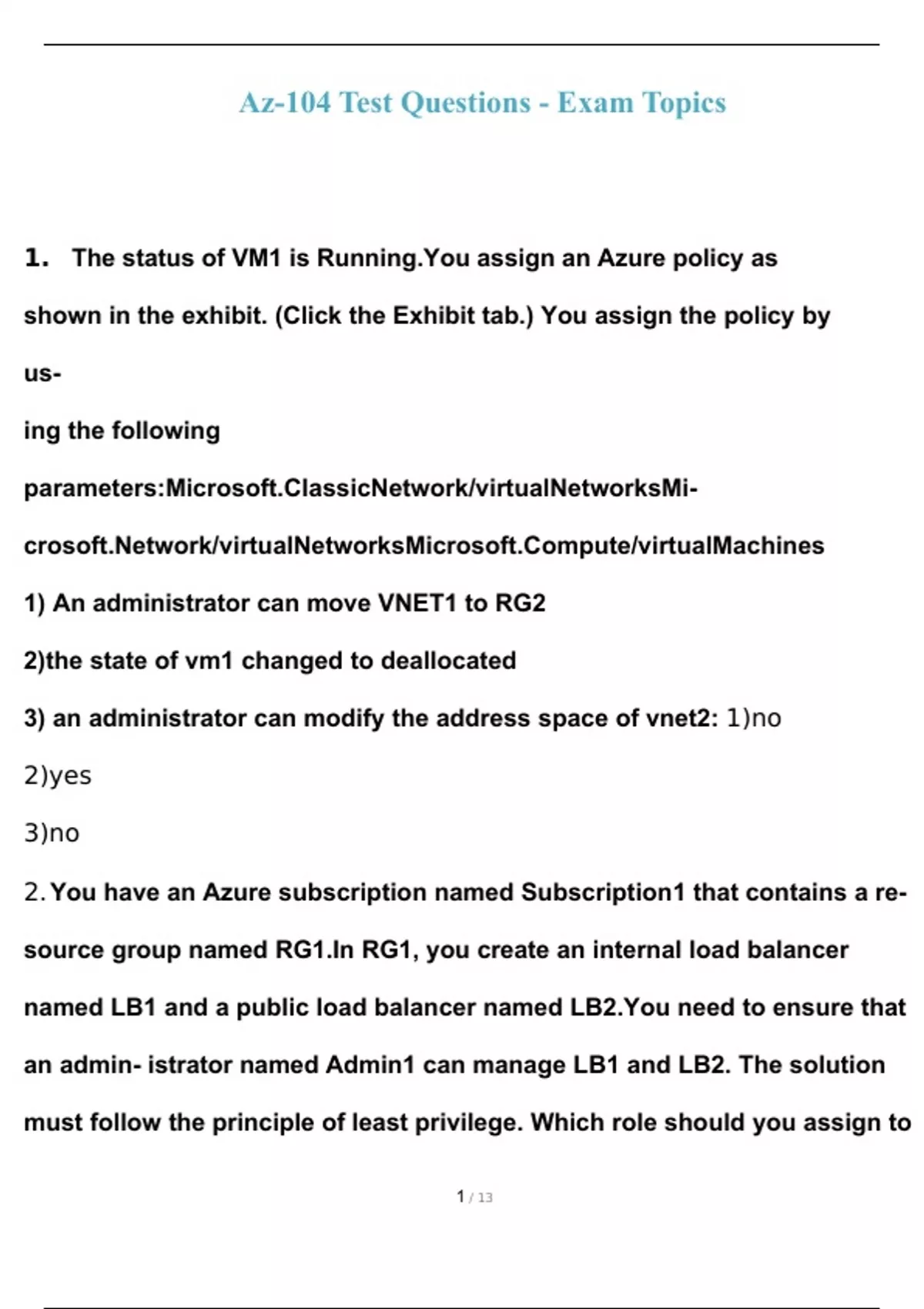 AZ 104 EXAM - COMPLETE PACKAGE Questions and Answers (2022/2023 ...