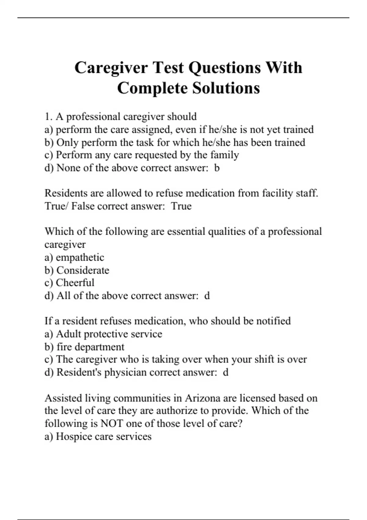 Caregiver Test Questions With Complete Solutions Caregiver Caregiver Test Questions With Complete Solutions Caregiver