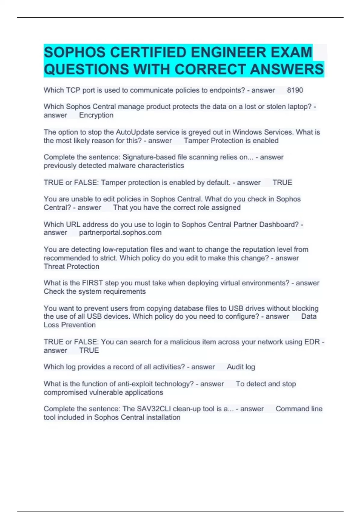 SOPHOS CERTIFIED ENGINEER EXAM QUESTIONS WITH CORRECT ANSWERS - Sophos ...