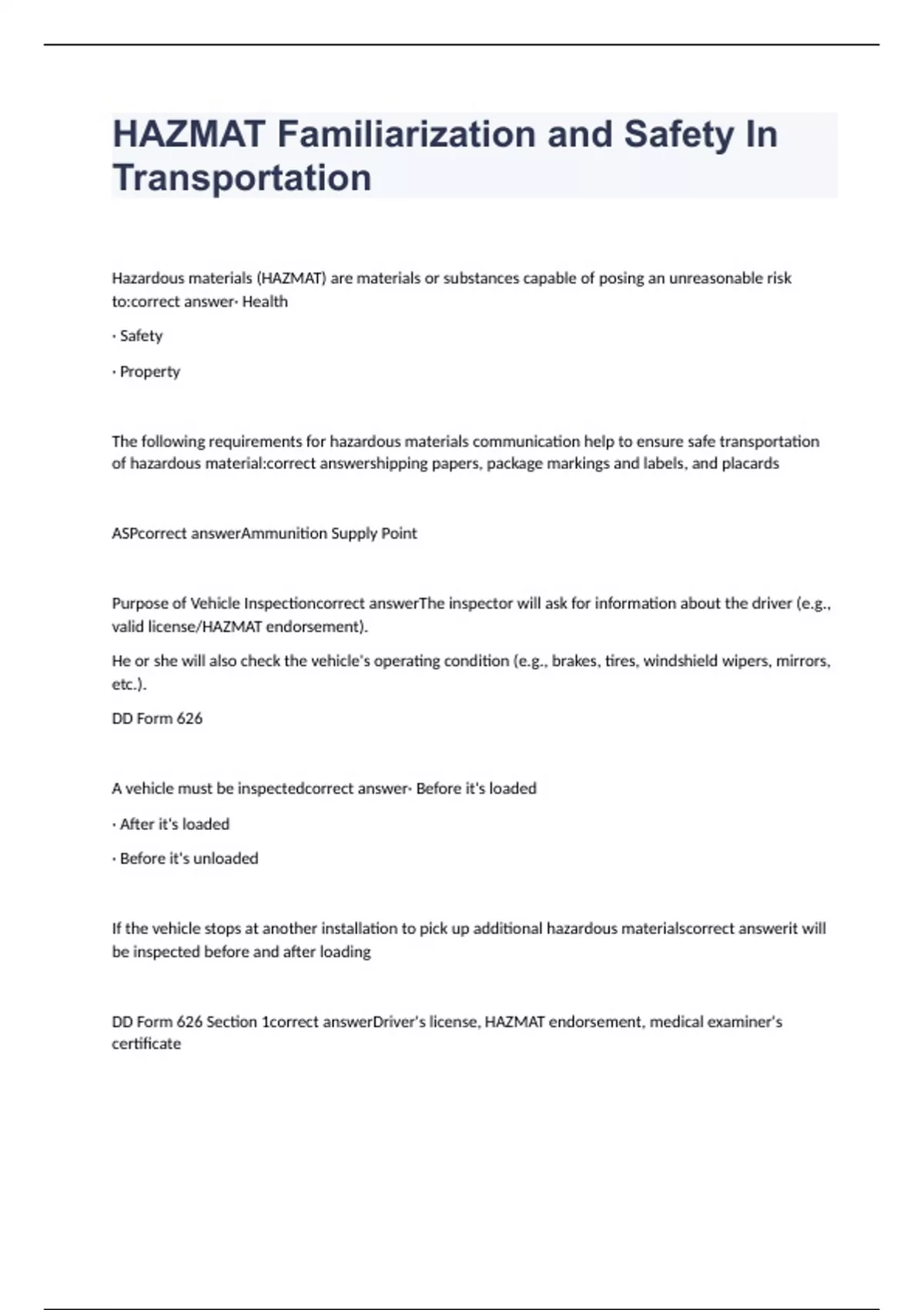 HAZMAT Familiarization and Safety In Transportation exam 2023 with ...