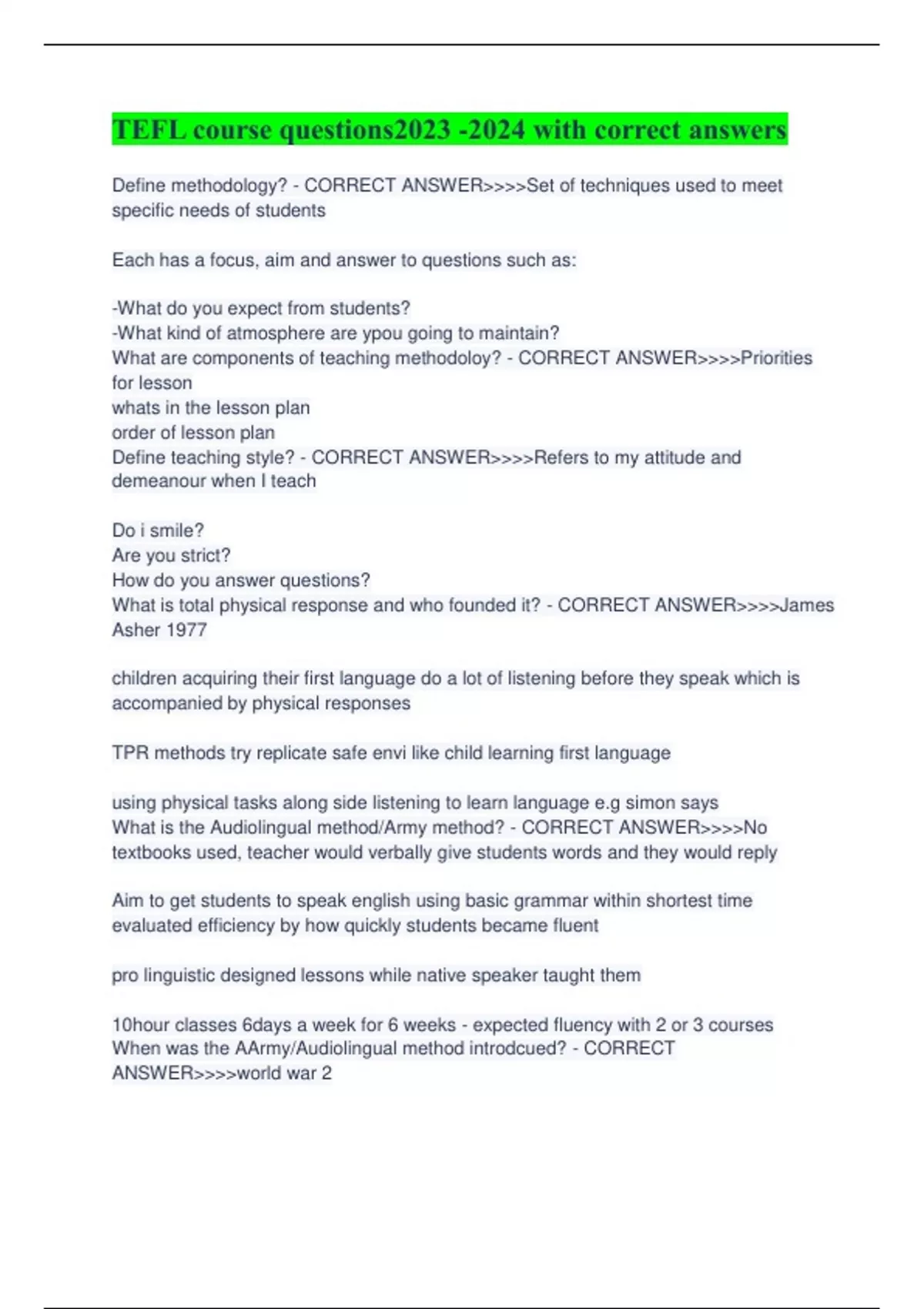 TEFL course questions with correct answers - TEFL course qu - Stuvia US