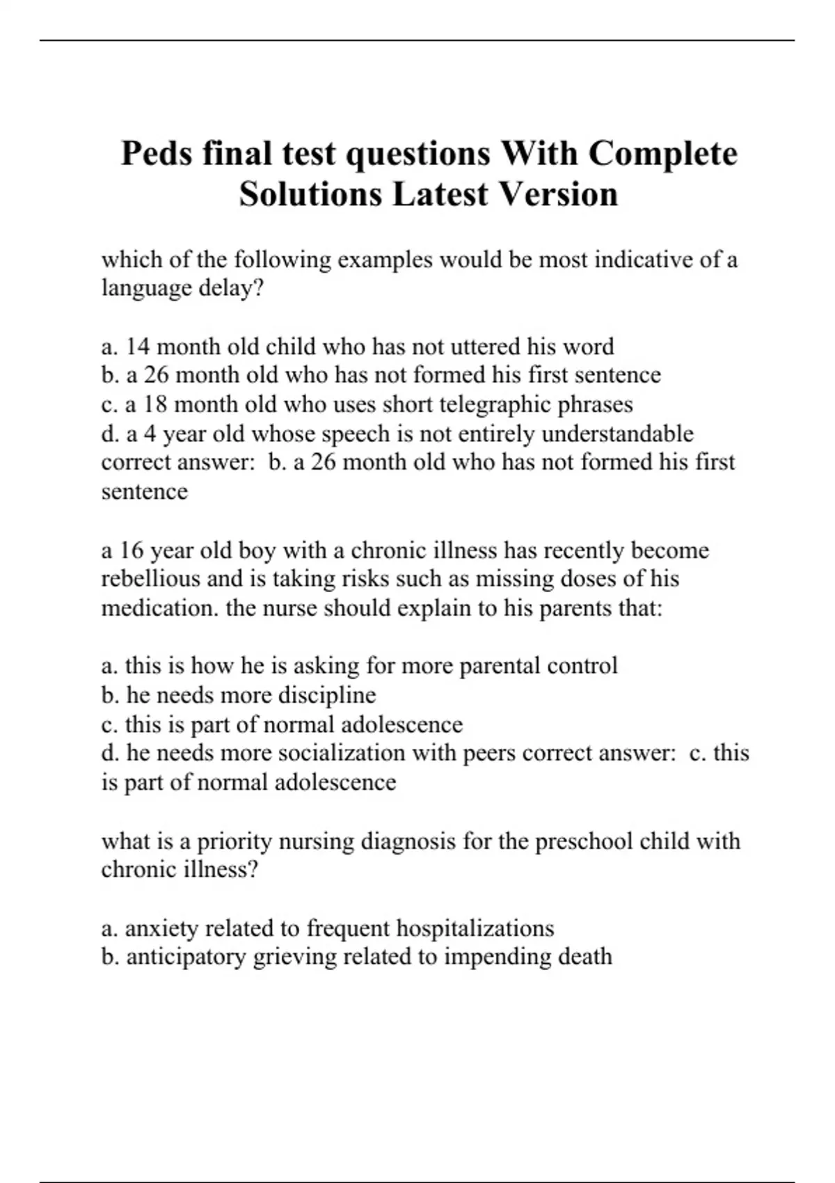 Peds final test questions With Complete Solutions Latest Version ...