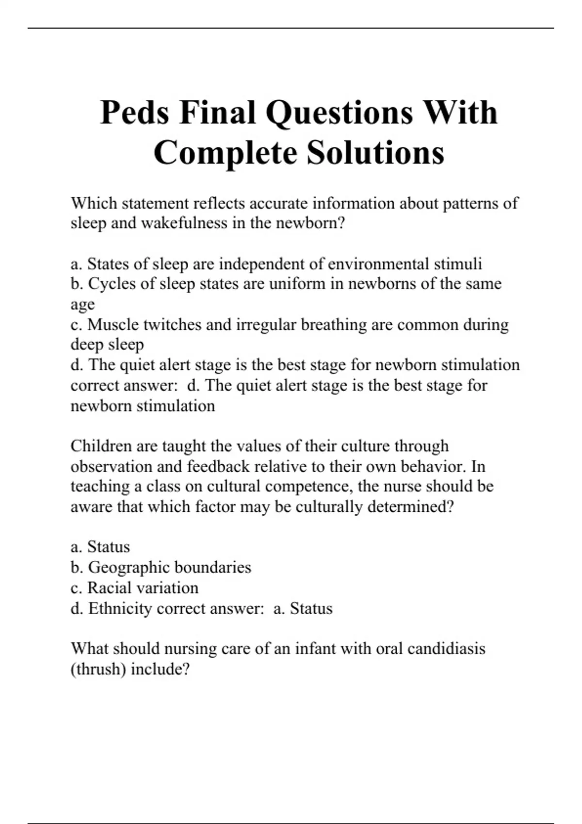 Peds Final Questions With Complete Solutions - PEDS 204 - Stuvia US