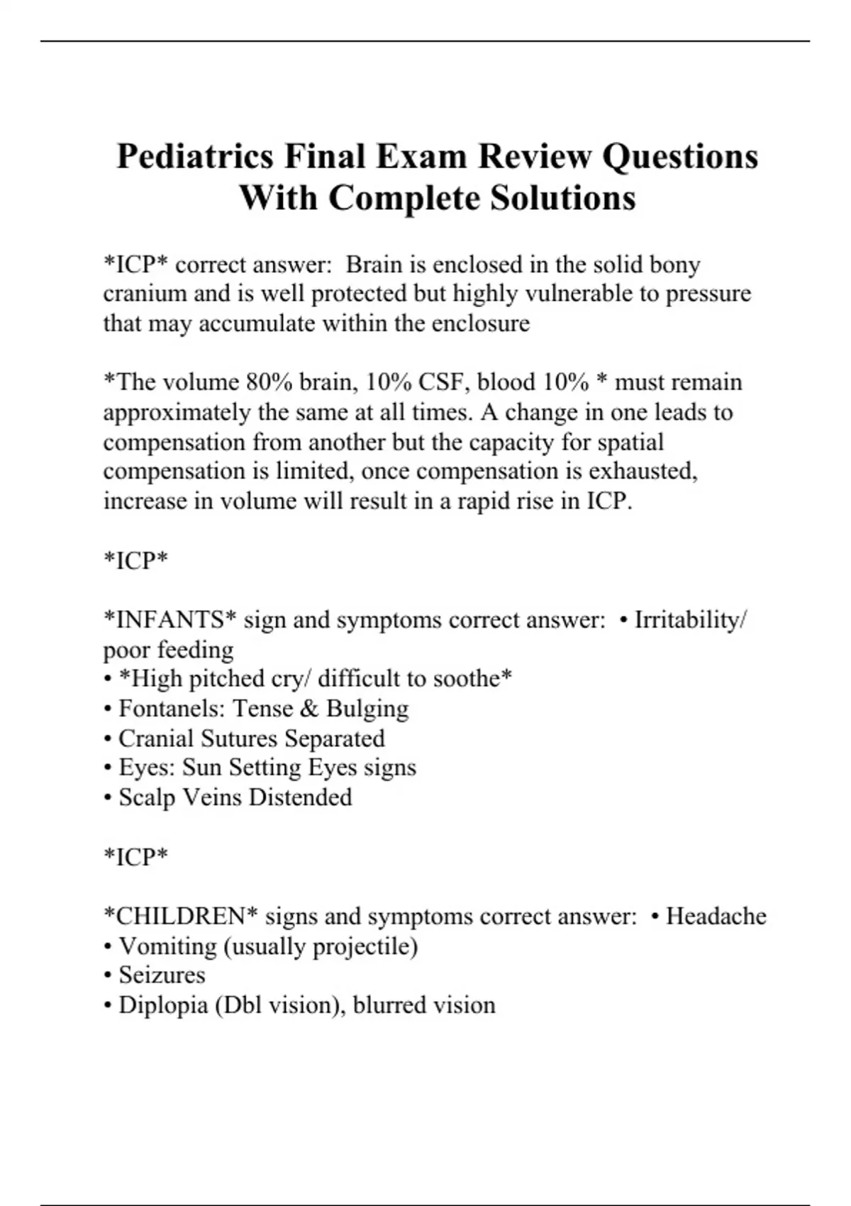 Pediatrics Final Exam Review Questions With Complete Solutions - PEDS ...