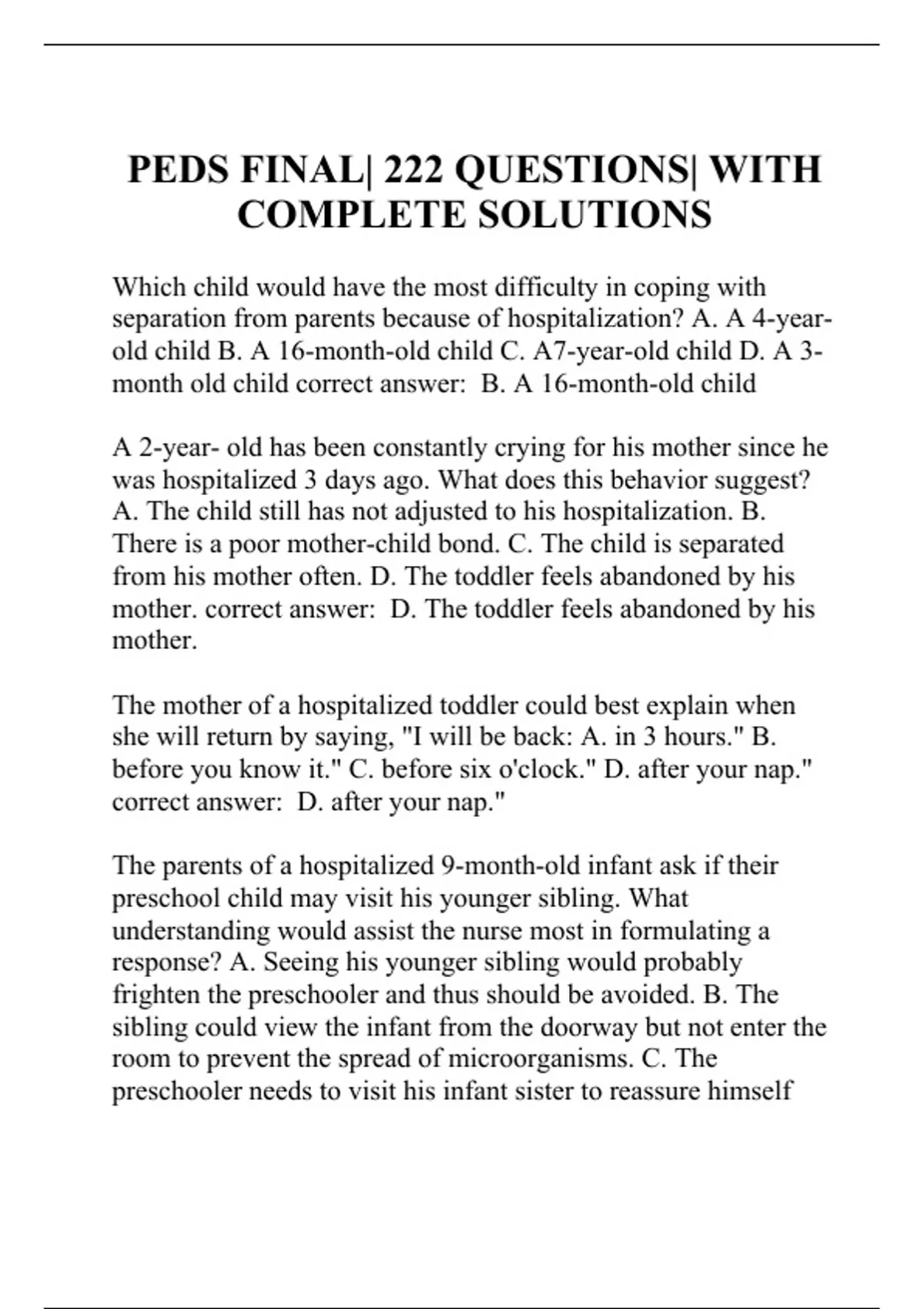PEDS FINAL| 222 QUESTIONS| WITH COMPLETE SOLUTIONS - PEDS 204 - Stuvia US
