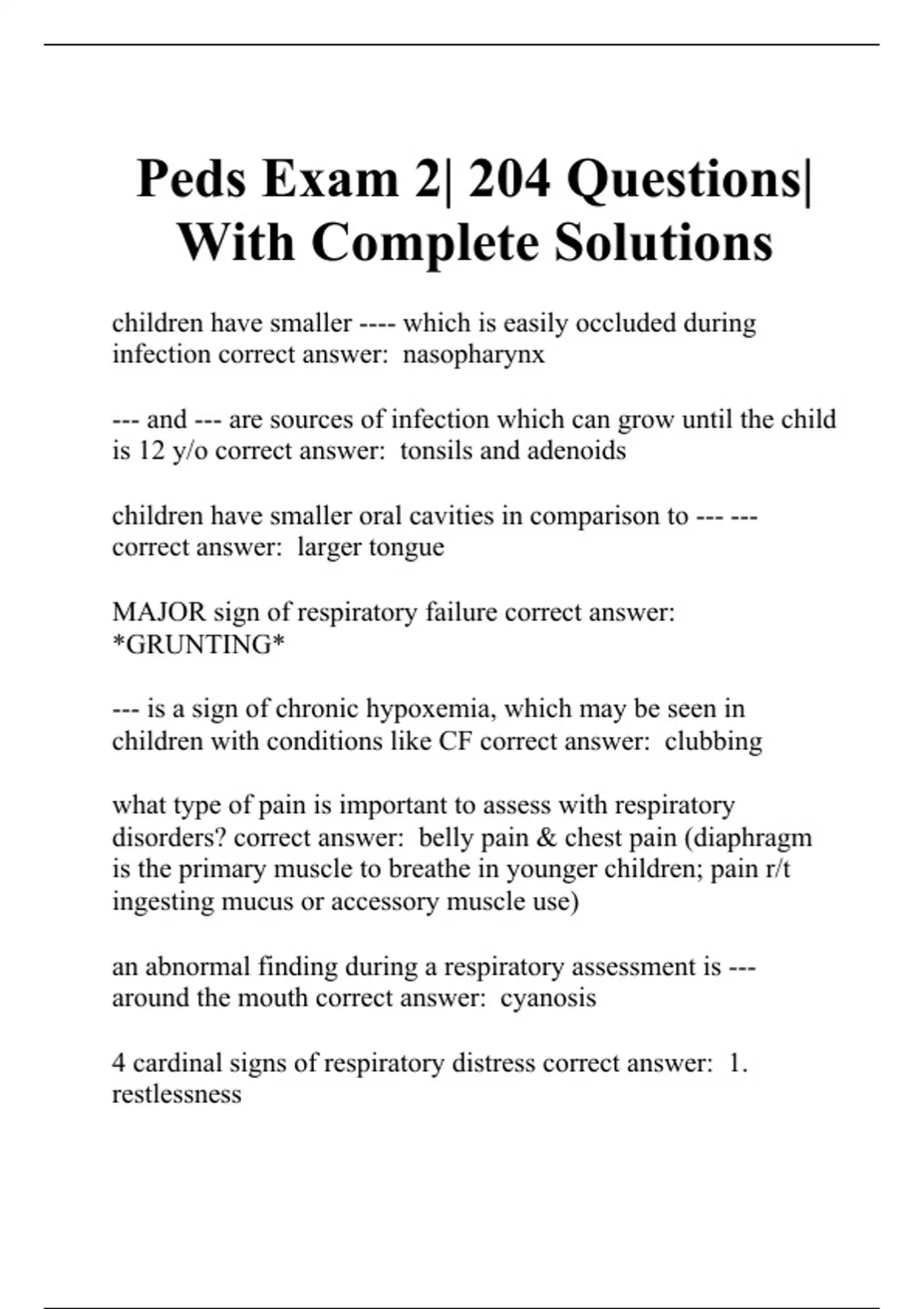 Peds Exam 2| 204 Questions| With Complete Solutions - PEDS 204 - Stuvia US