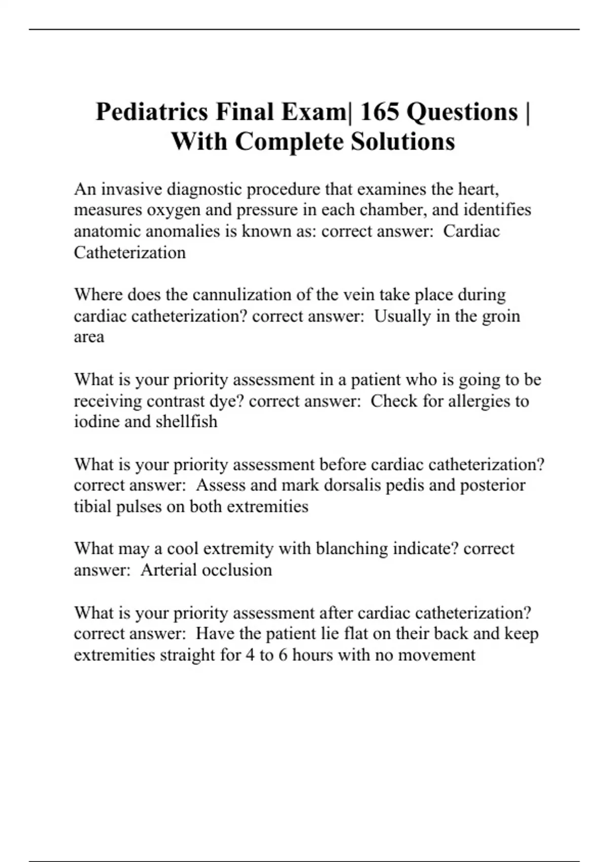 Pediatrics Final Exam 165 Questions With Complete Solutions Peds
