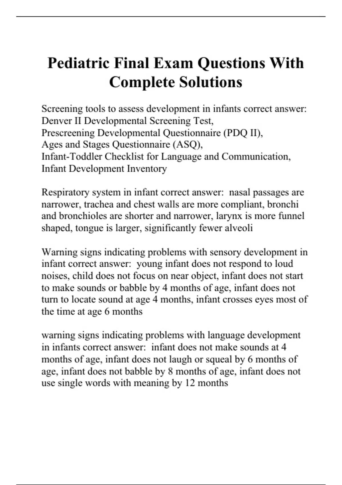 Pediatric Final Exam Questions With Complete Solution - PEDS 204 ...