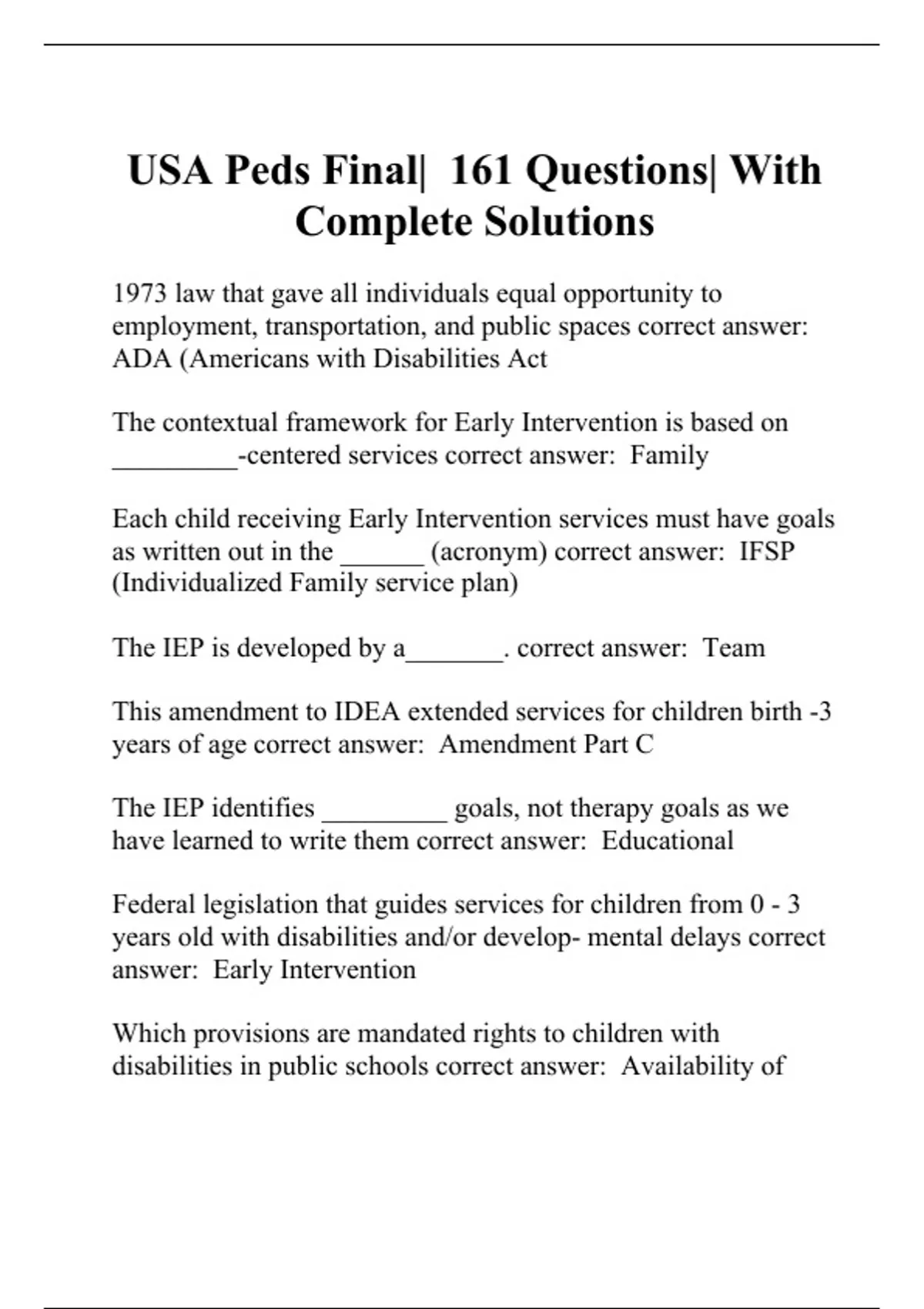 USA Peds Final| 161 Questions| With Complete Solutions - PEDS 204 ...