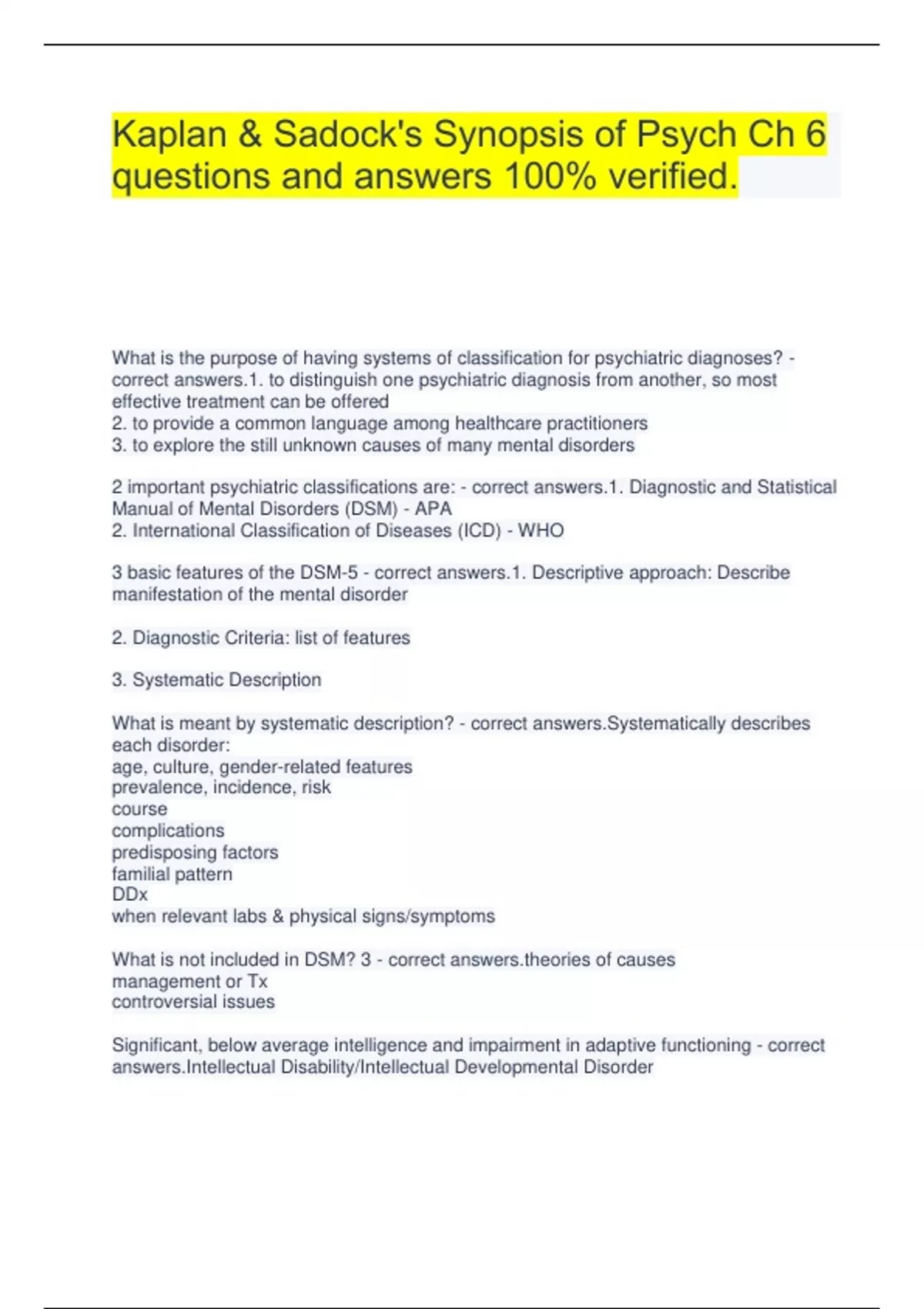 Kaplan & Sadock's Synopsis of Psych Ch 6 questions and answers 100% ...
