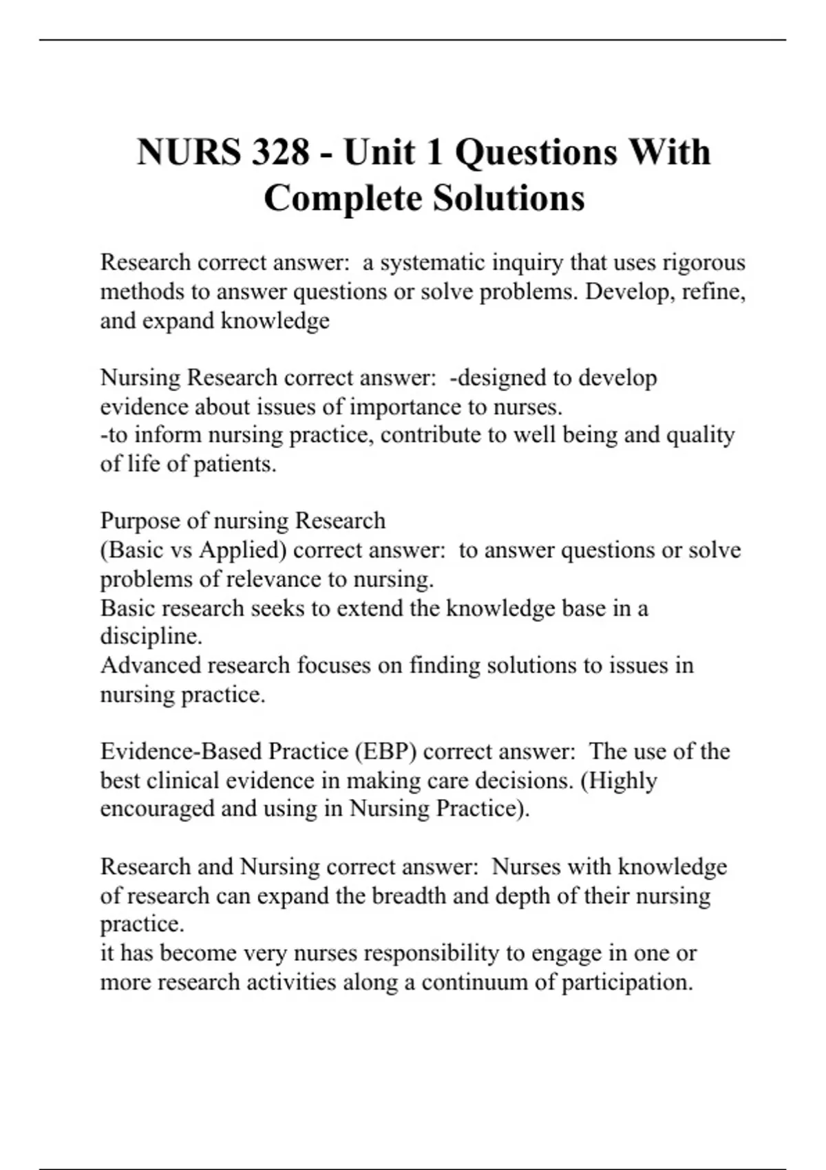 NURS 328 - Unit 1 Questions With Complete Solutions - NURS 328 - Stuvia US