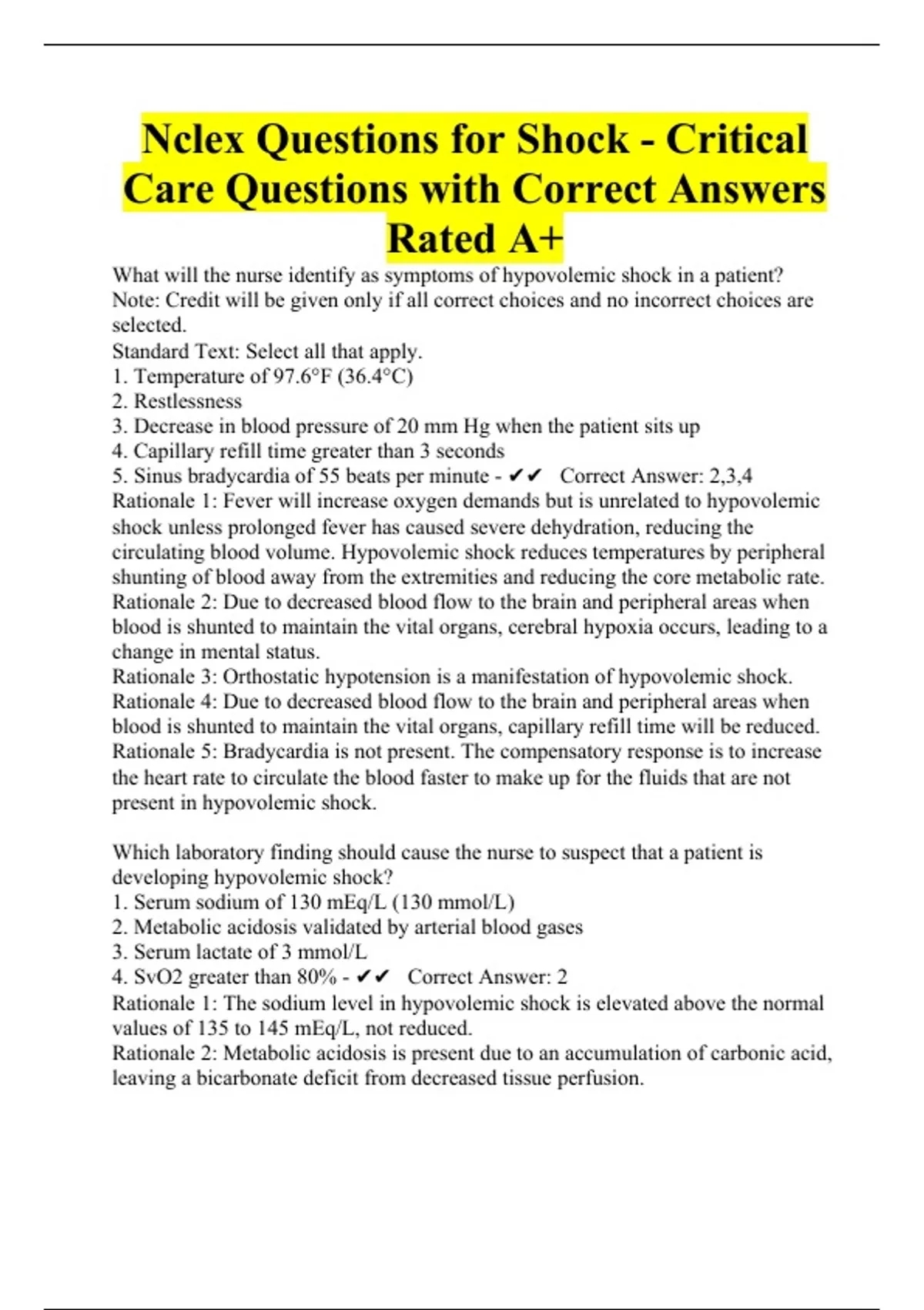 Nclex Questions for Shock - Critical Care Questions with Correct ...