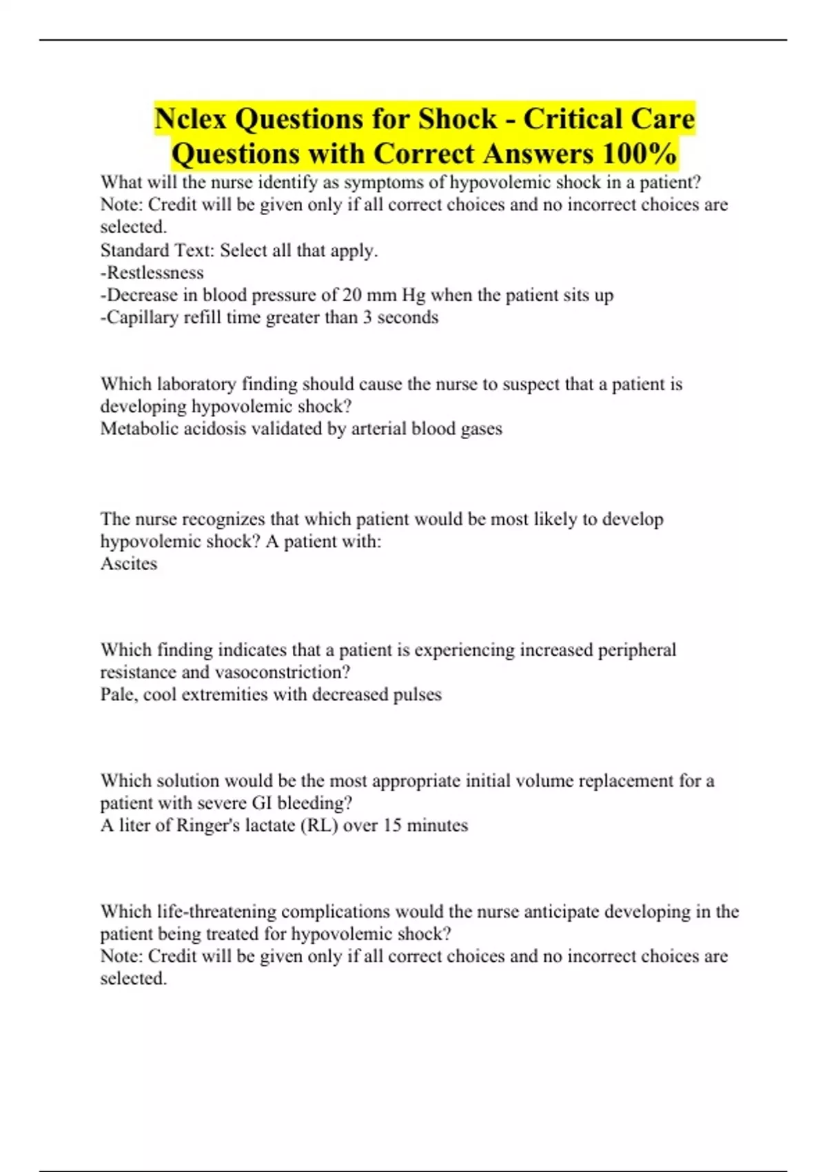 Nclex Questions for Shock - Critical Care Questions with Correct ...