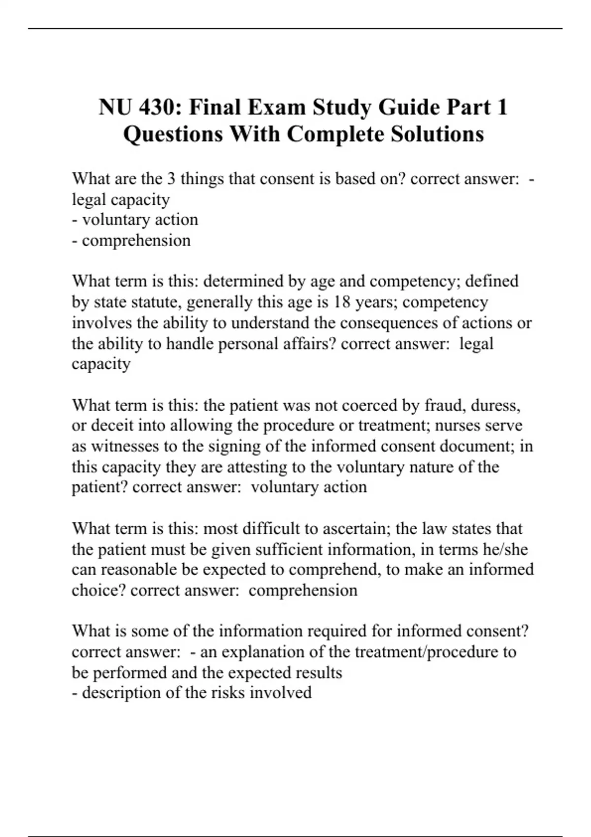 NU 430: Final Exam Study Guide Part 1 Questions With Complete Solutions ...