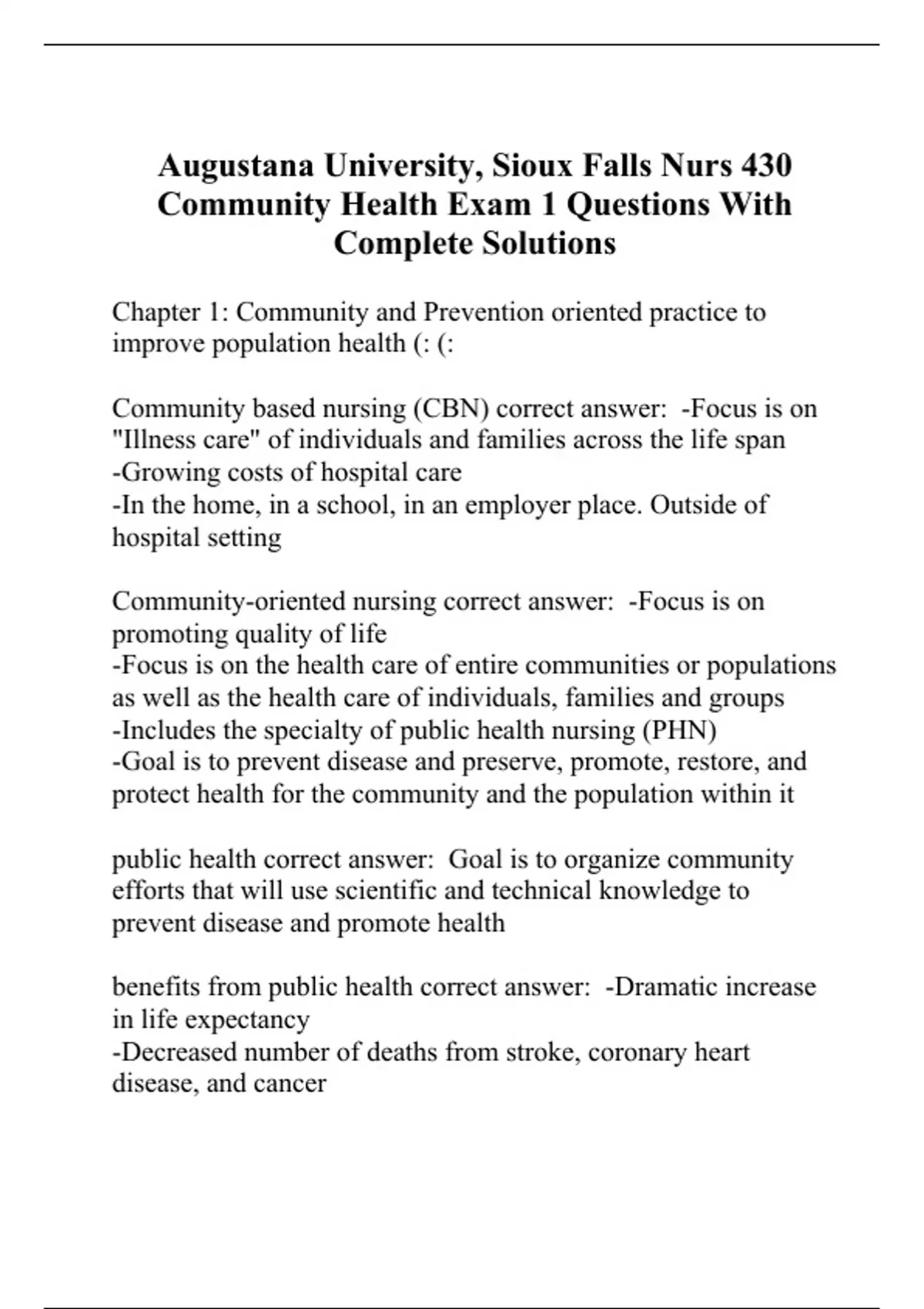 Augustana University, Sioux Falls Nurs 430 Community Health Exam 1 ...