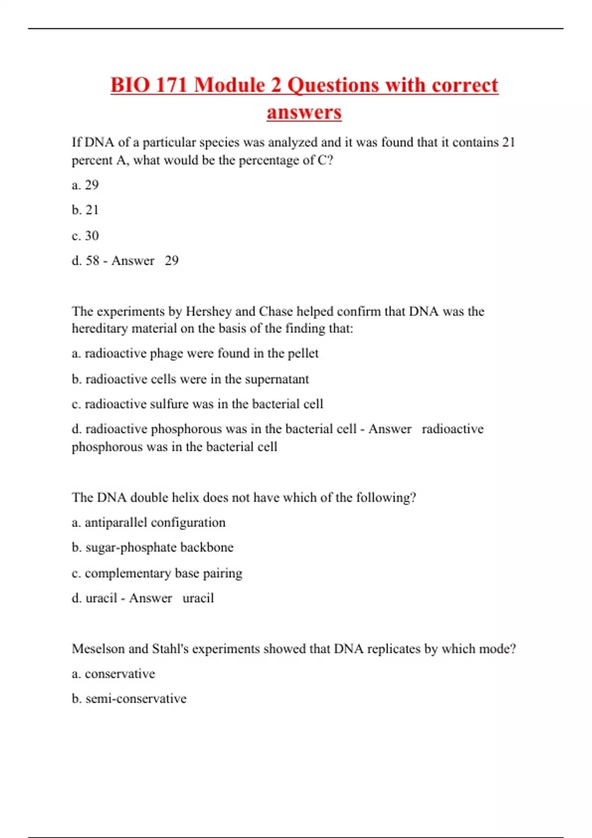 BIO 171 Module 2 Questions with correct answers - BIO 171 - Stuvia US