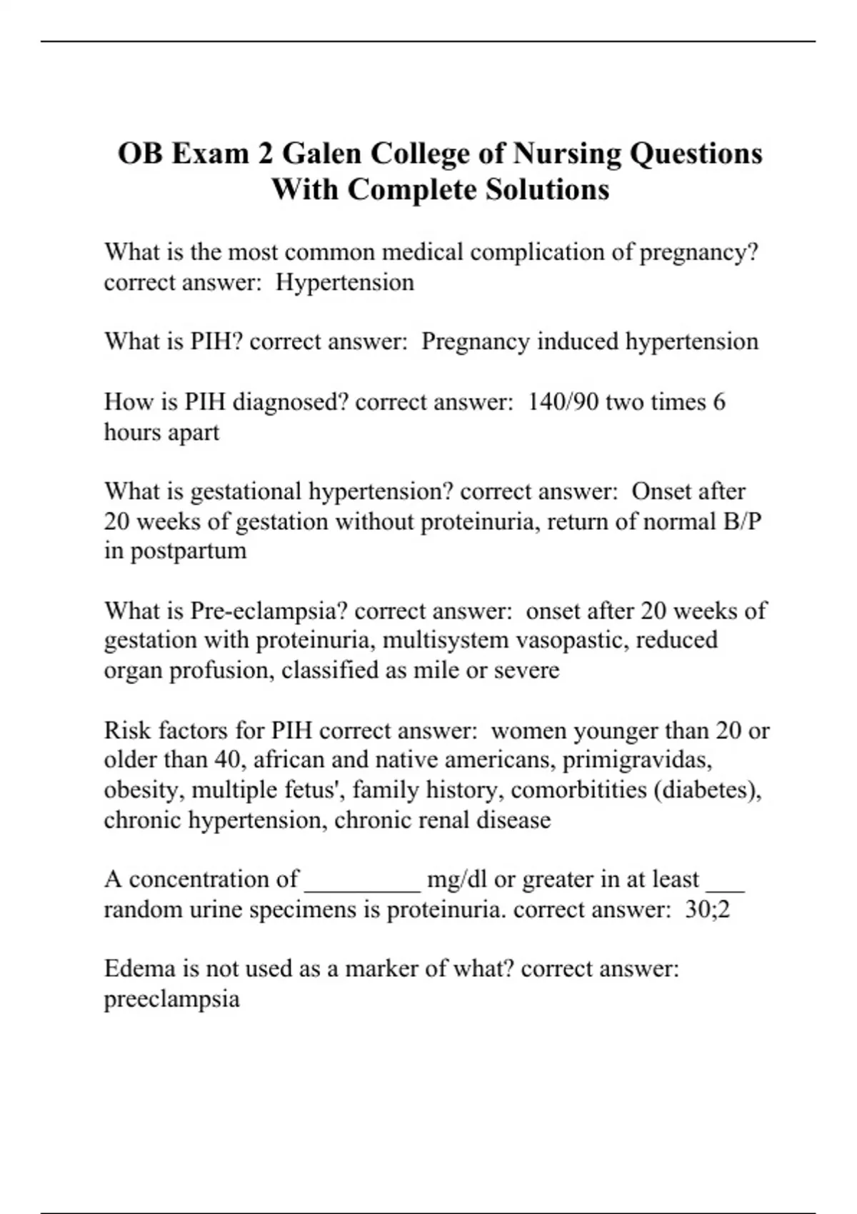 OB Exam 2 Galen College of Nursing Questions With Complete Solutions ...