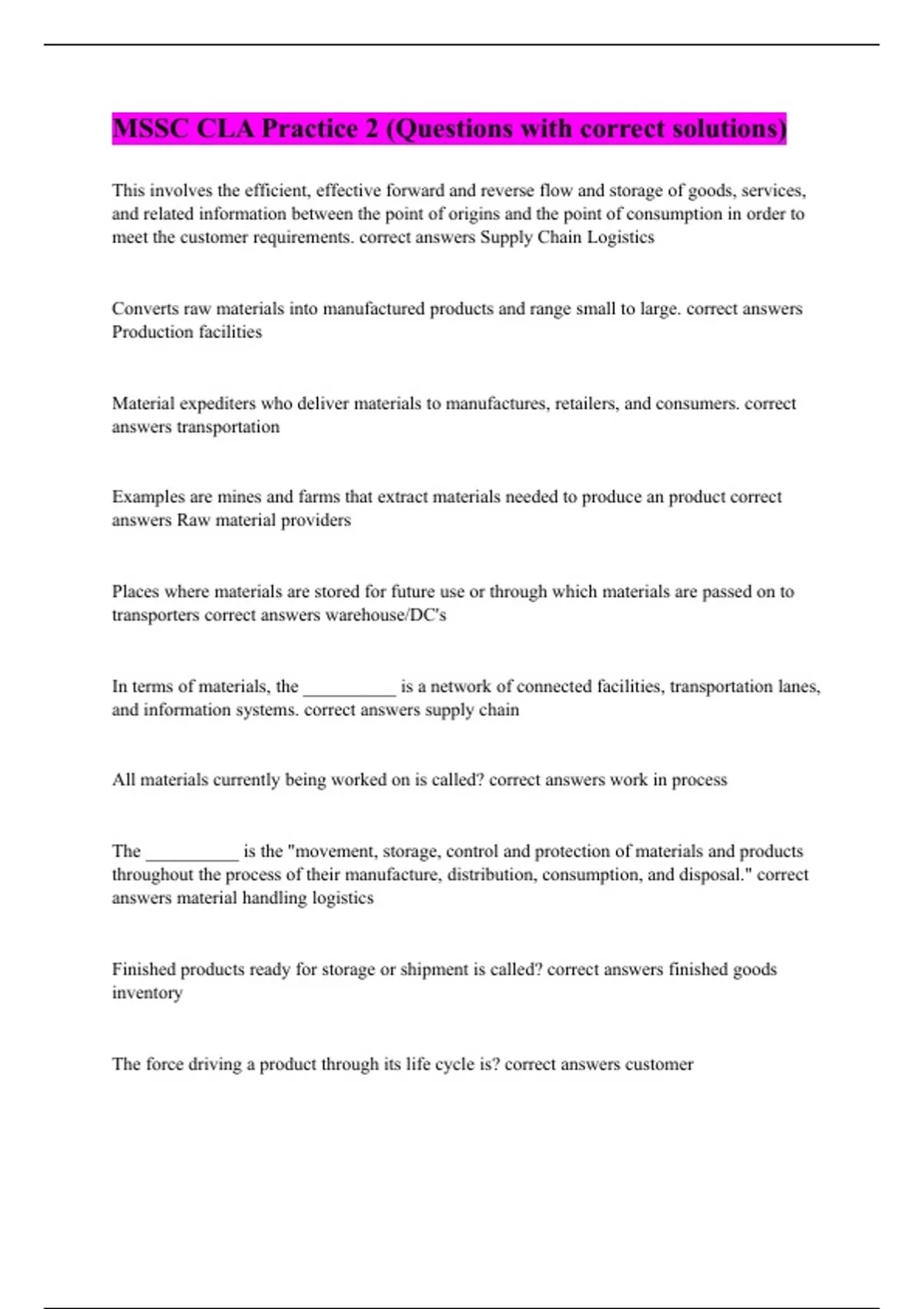 MSSC CLA Practice 2 (Questions with correct solutions) - MSSC CLA ...