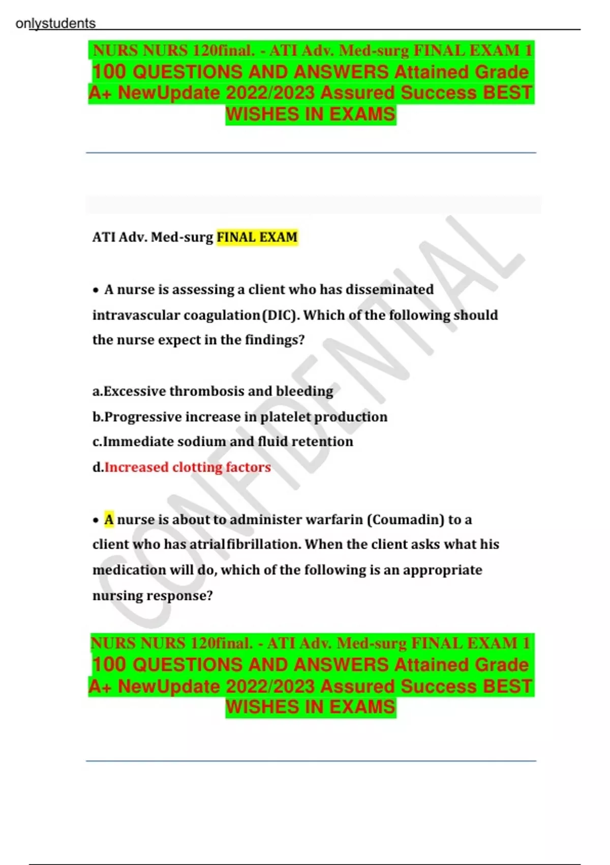 NURS NURS 120final. - ATI Adv. Med-surg FINAL EXAM 1 100 QUESTIONS AND ...
