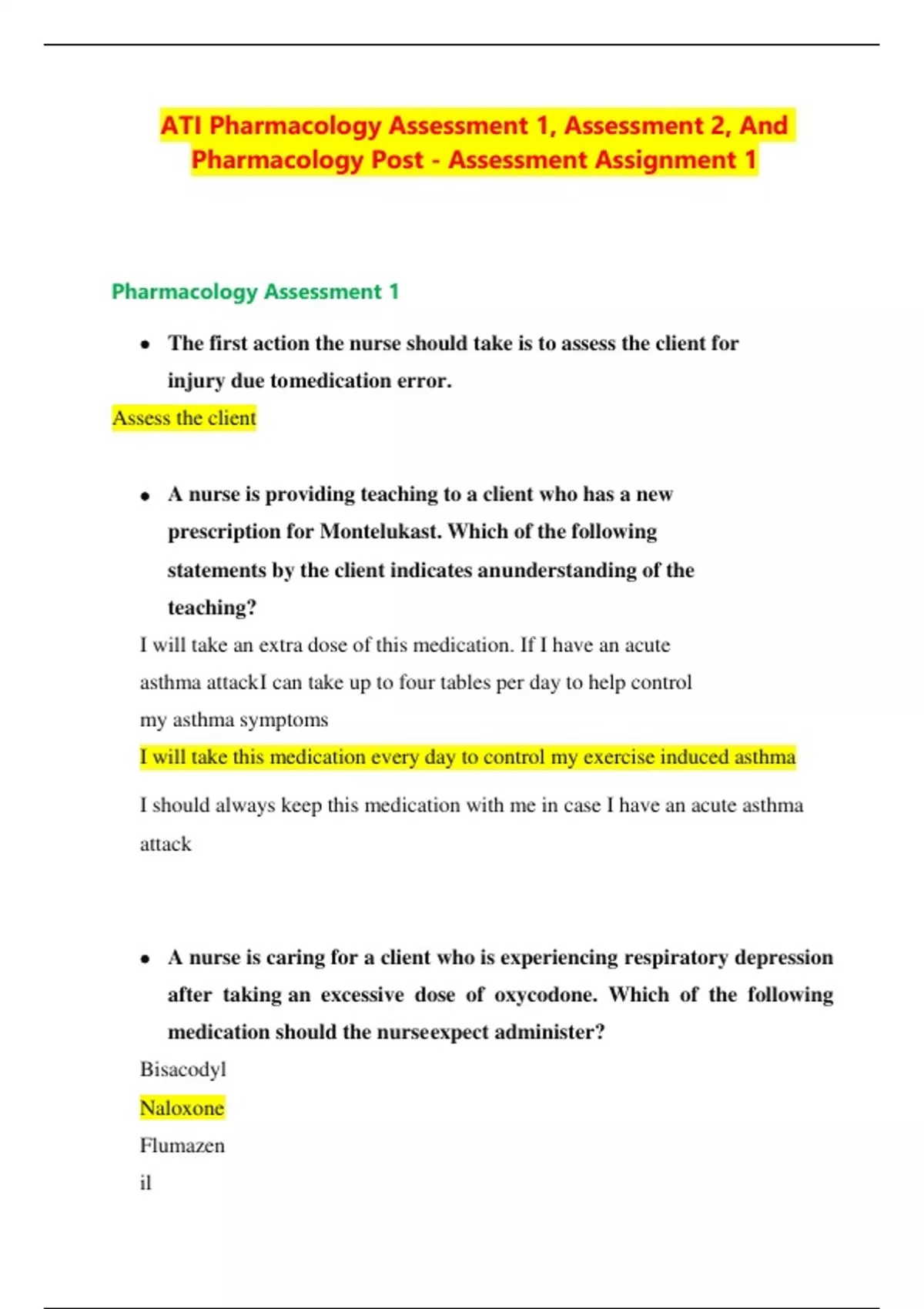 ATI Pharmacology Assessment 1, Assessment 2, And Pharmacology Post ...