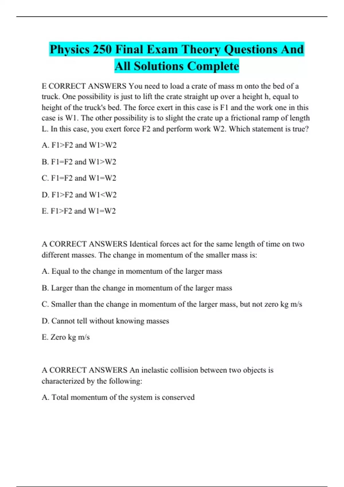 Physics 250 Final Exam Theory Questions And All Solutions Complete - StraighterLine PHY 250 ...