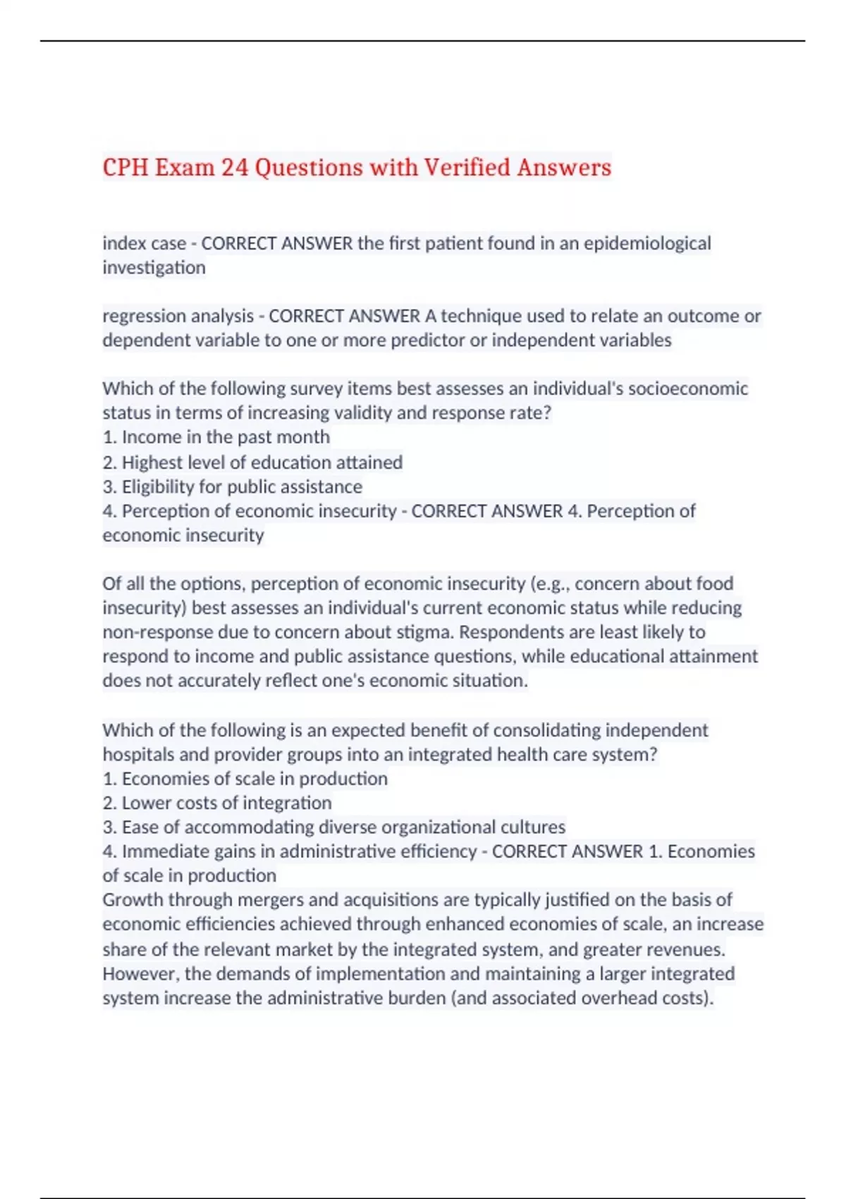 CPH Exam 24 Questions with Verified Answers ,100% CORRECT - CPH ...