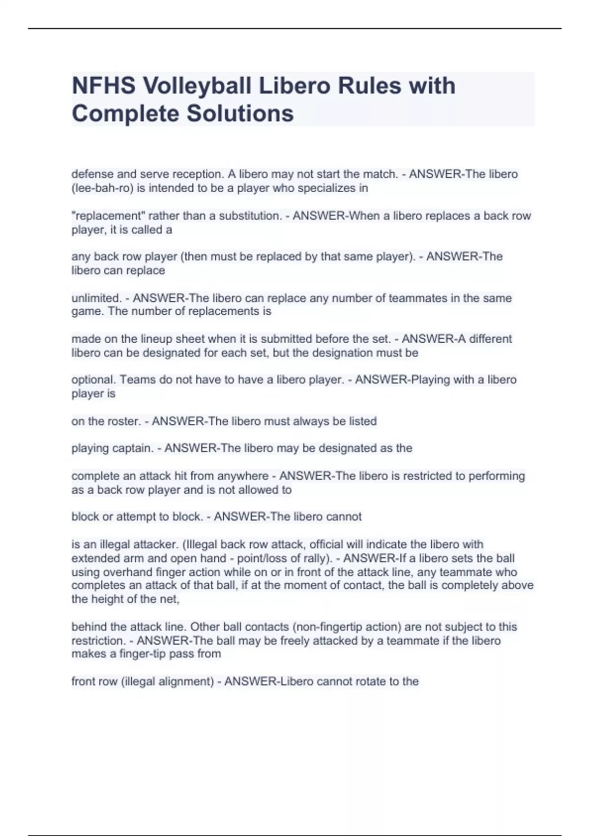 NFHS Volleyball Libero Rules with Complete Solutions - NFHS Volleyball ...