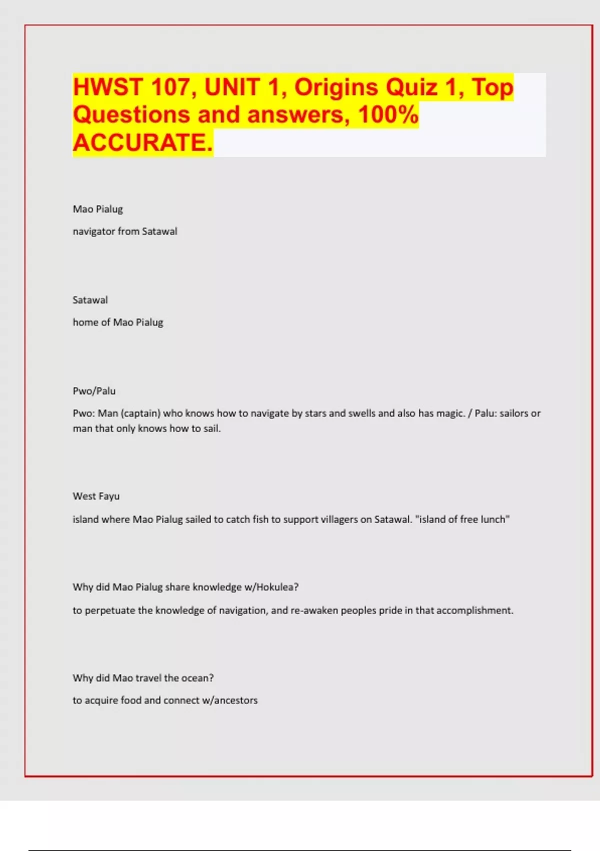 HWST 107, UNIT 1, Origins Quiz 1, Top Questions and answers, 100% ...