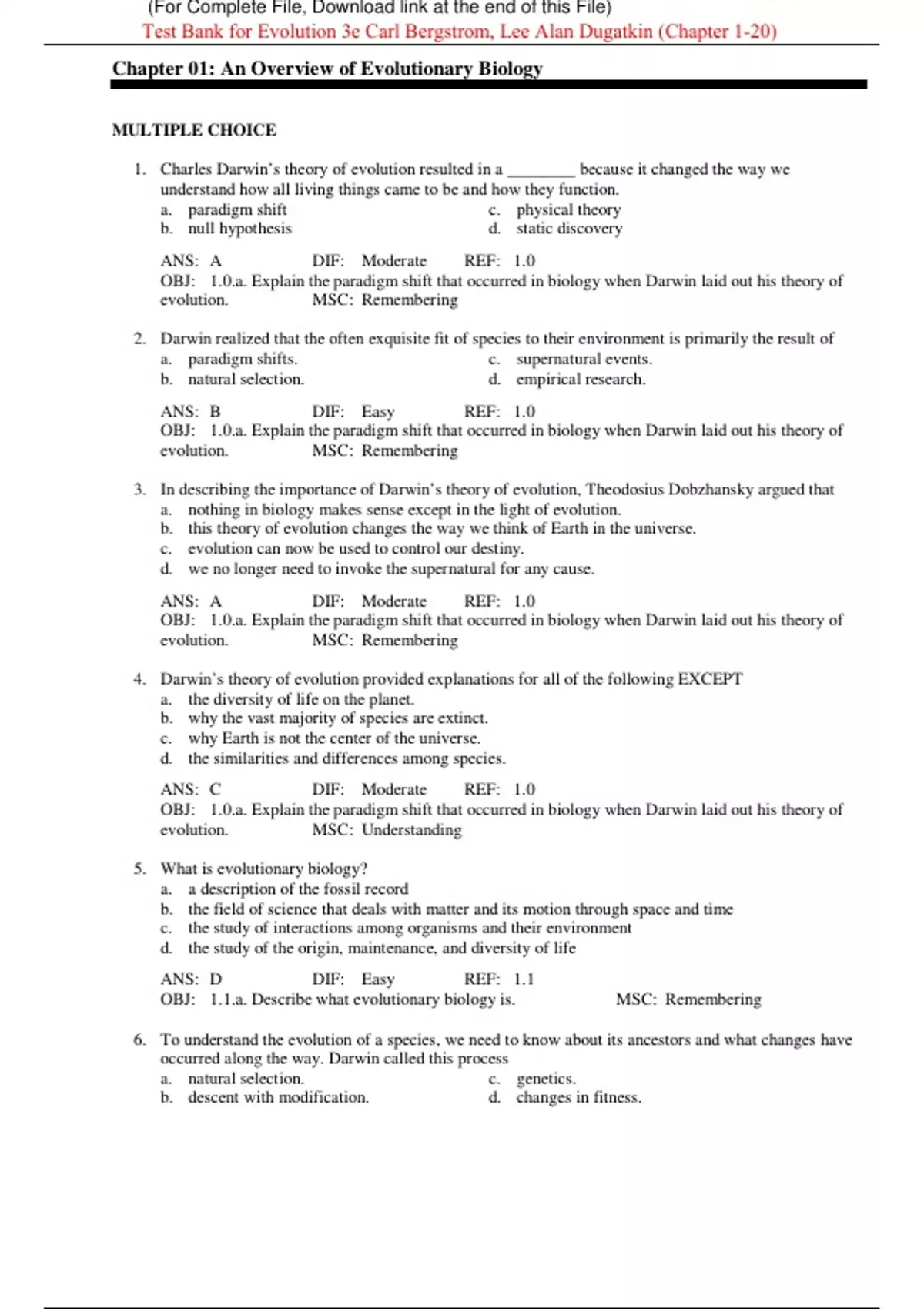 Evolution 3rd Edition By Carl Bergstrom, Lee Alan Dugatkin (Test Bank ...