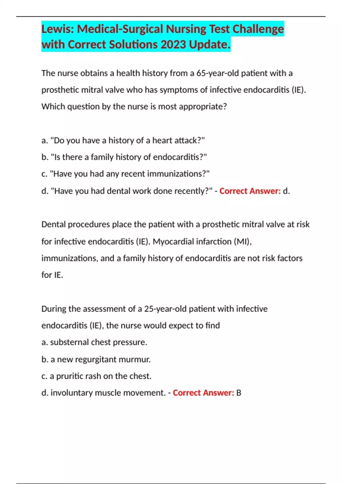 Lewis: Medical-Surgical Nursing Test Challenge with Correct Solutions ...