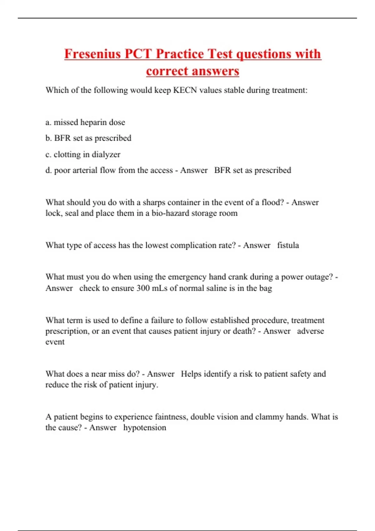 Fresenius PCT Practice Test questions with correct answers - Fresenius ...