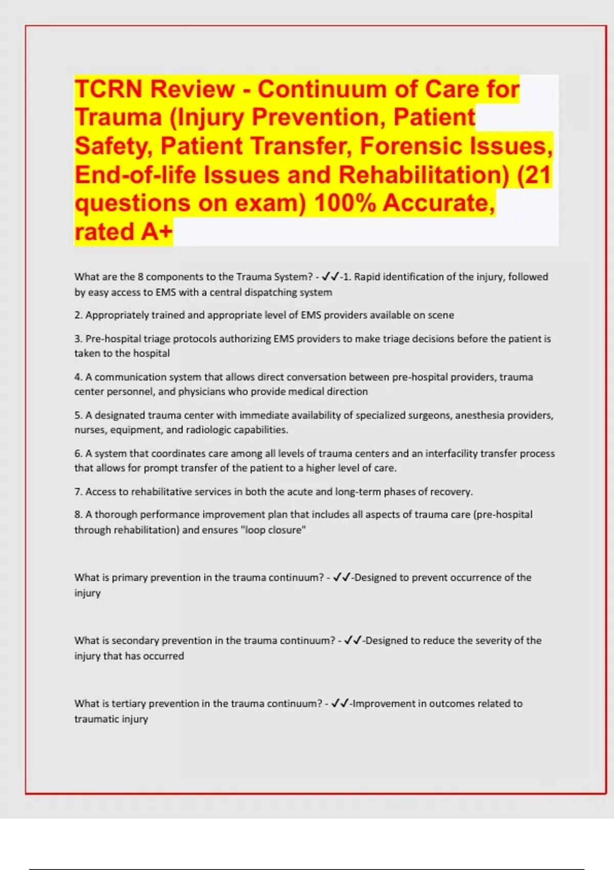 TCRN Review - Continuum of Care for Trauma (Injury Prevention, Patient ...