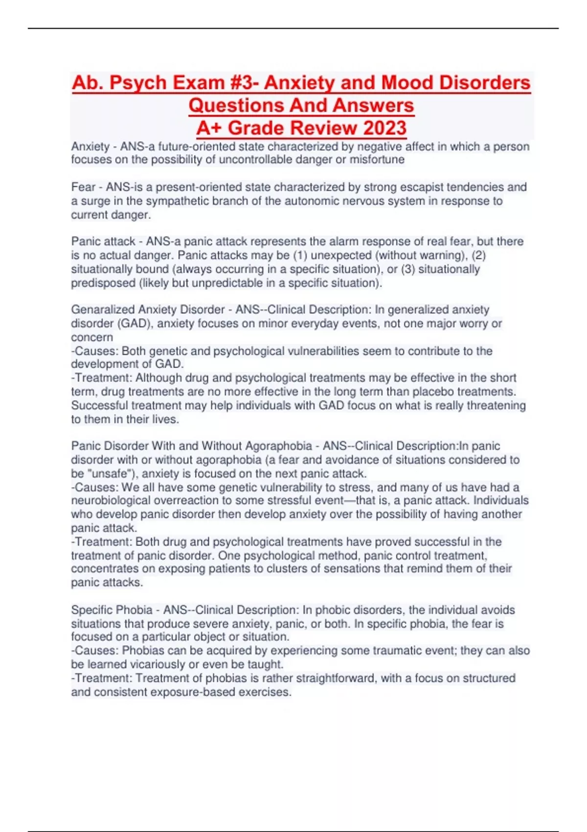 Exam 2- Chapter 5-Anxiety and Mood Disorders Questions & Answers 2023 ...
