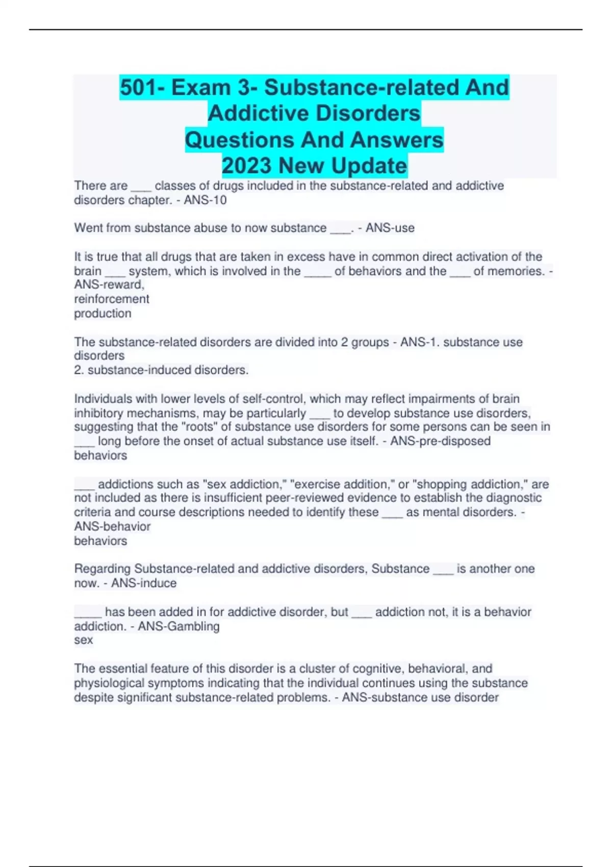 501- Exam 3- Substance-related And Addictive Disorders Questions And ...