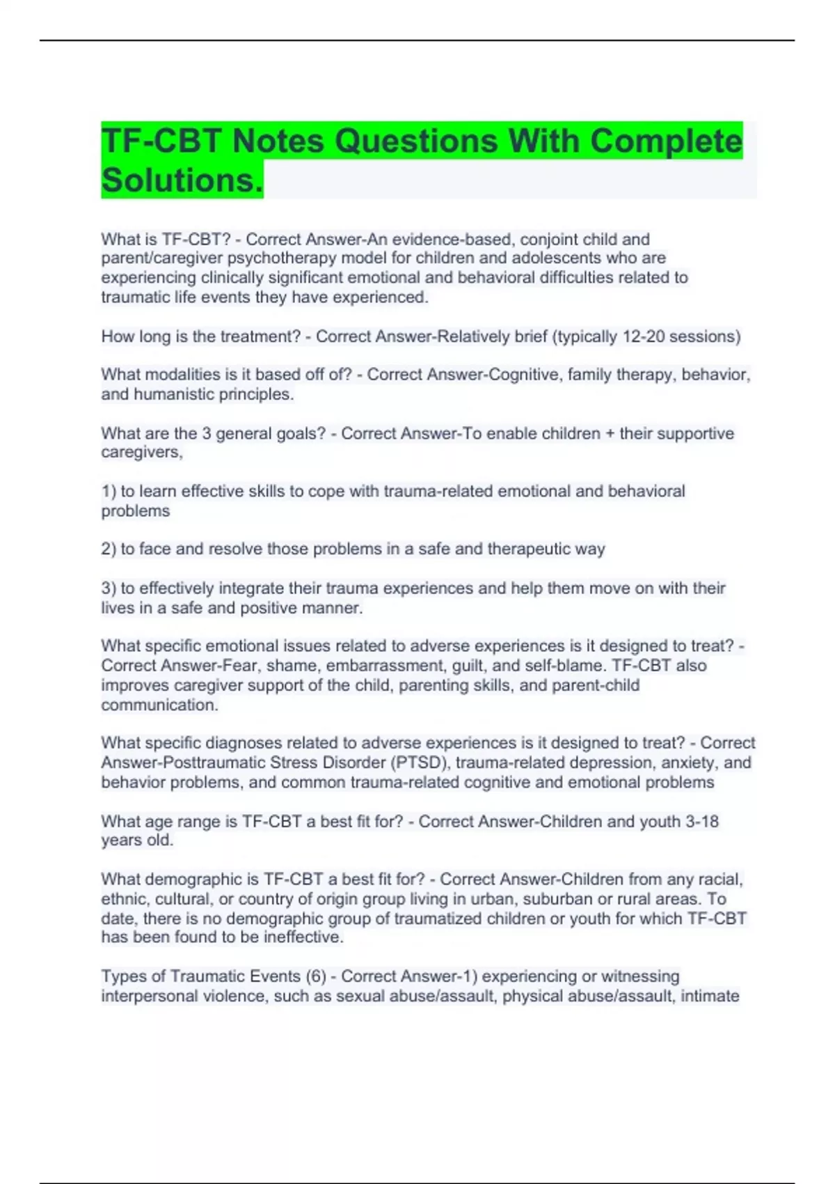 Package deal for TF-CBT Exam Questions With 100% Correct Answers 2023 ...