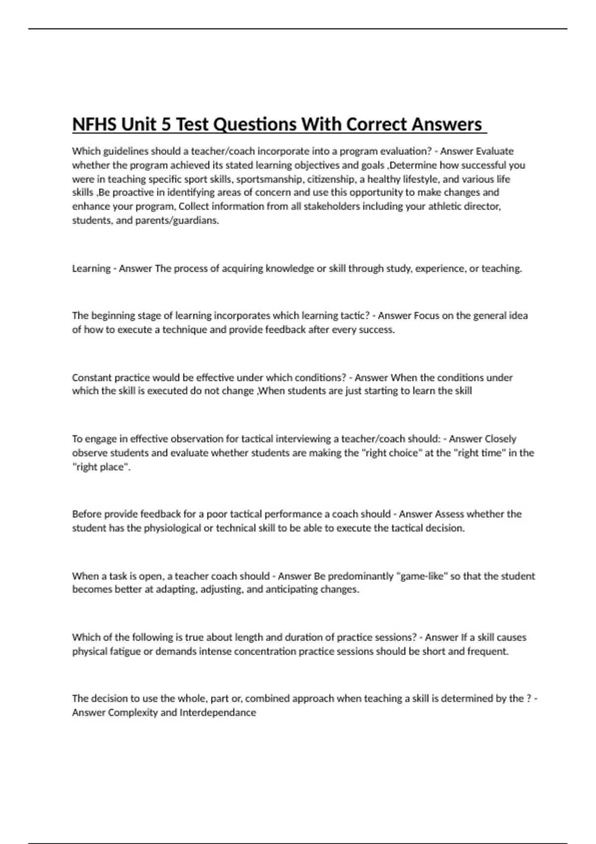 NFHS Unit 5 Test Questions With Correct Answers - NFHS Football - Stuvia US