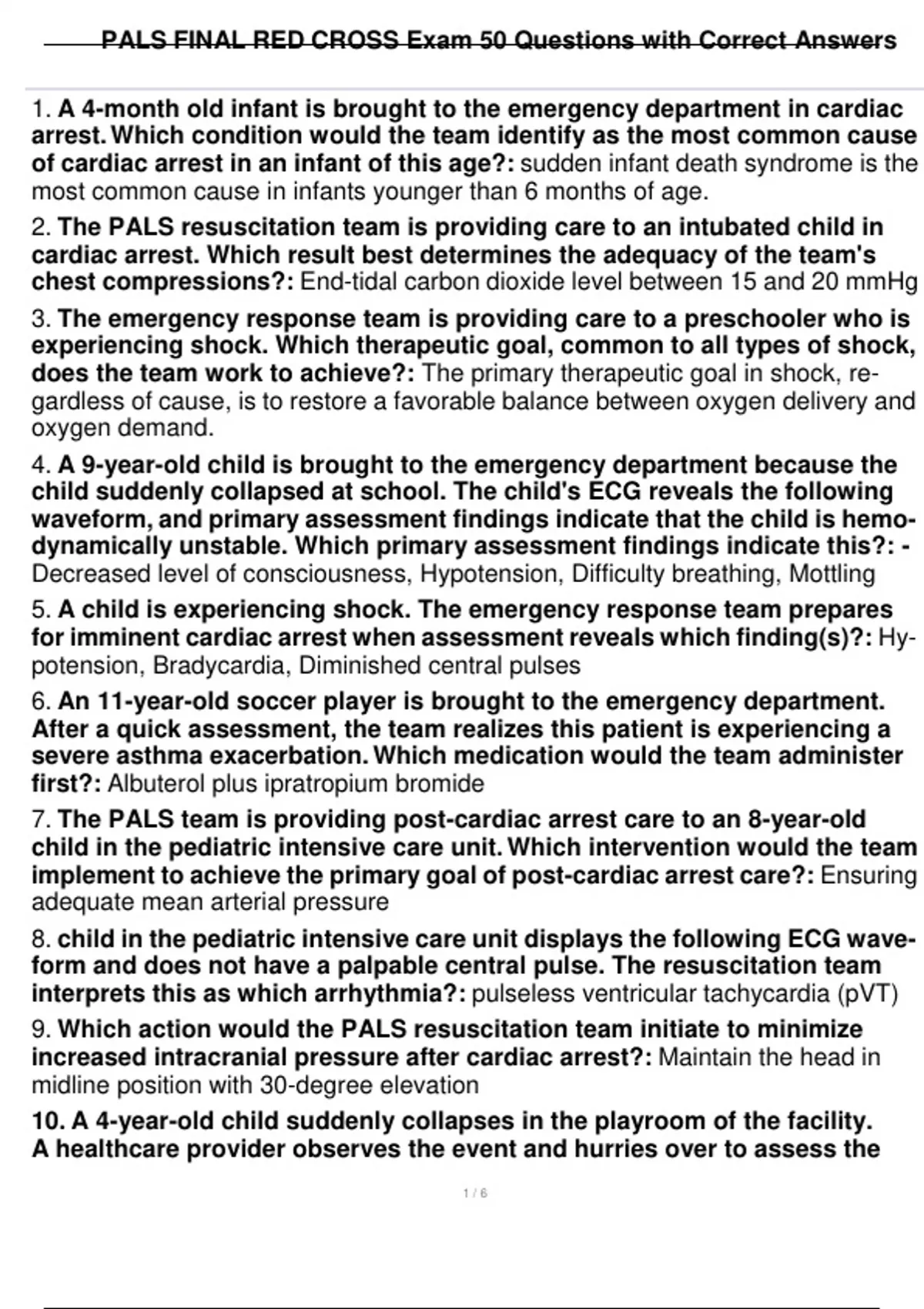 PALS FINAL RED CROSS Exam 50 Questions with Correct Answers - PALS FINA ...