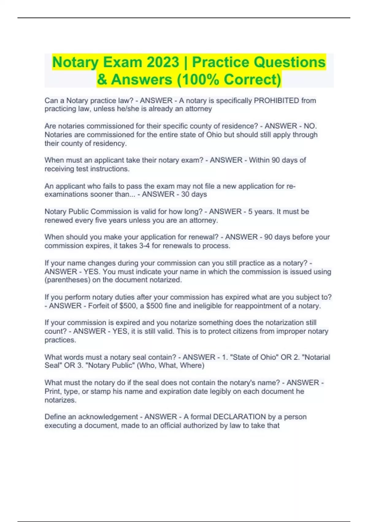 Notary Exam 2023 | Practice Questions & Answers (100% Correct) - N.P ...